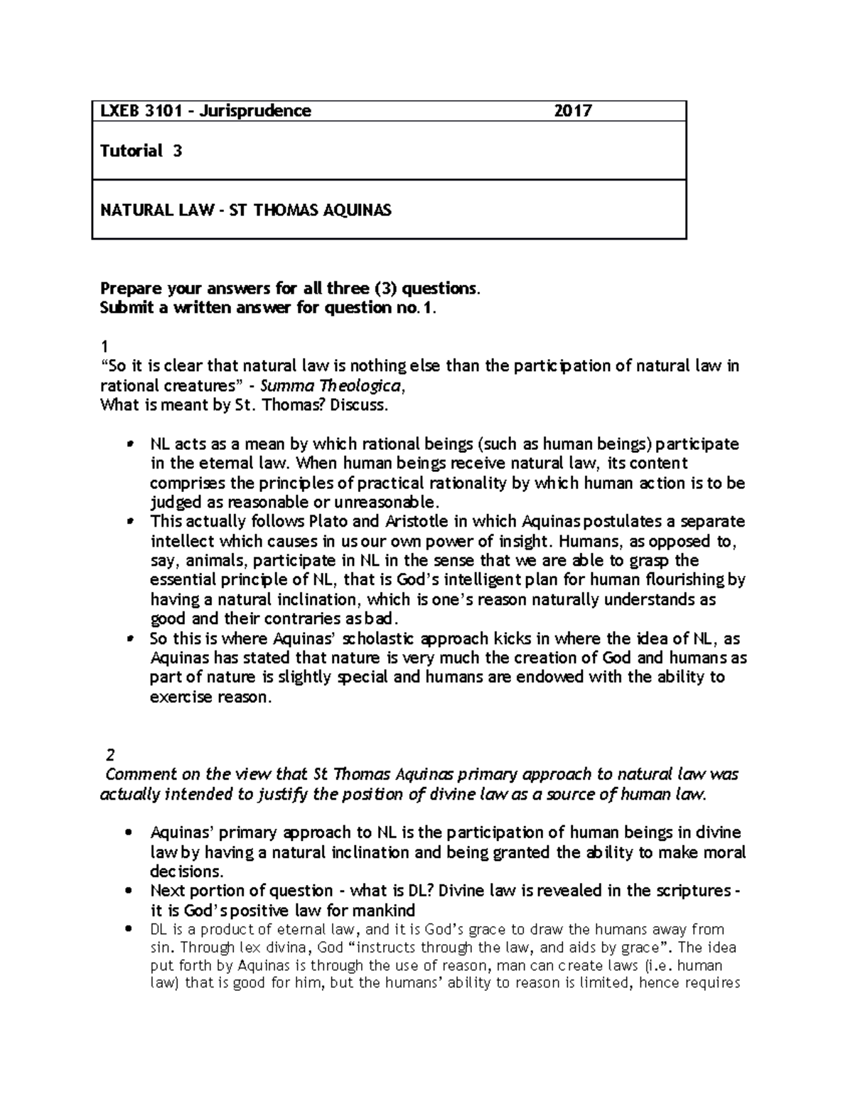 Tutorial - Natural LAW - ST.T. Aquinas - LXEB 3101 – Jurisprudence 2017 ...