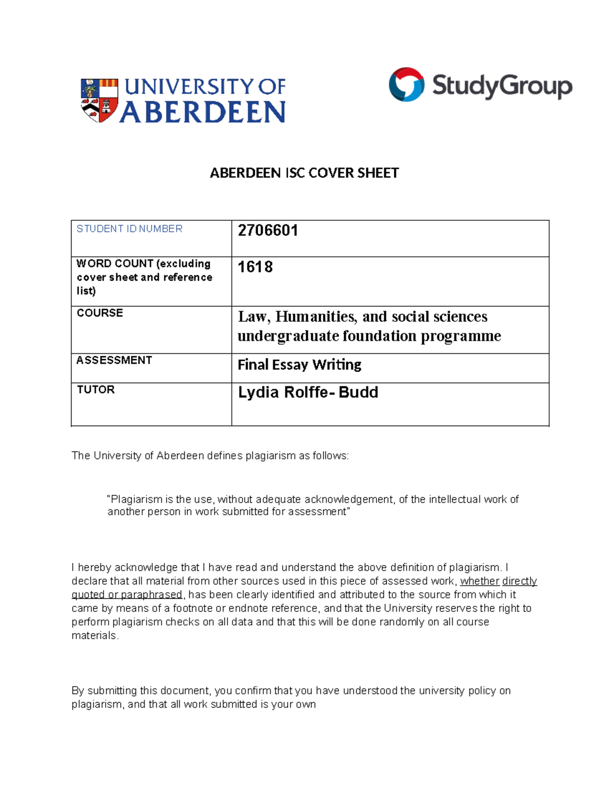 Sociology Finall Essay - ABERDEEN ISC COVER SHEET STUDENT ID NUMBER ...