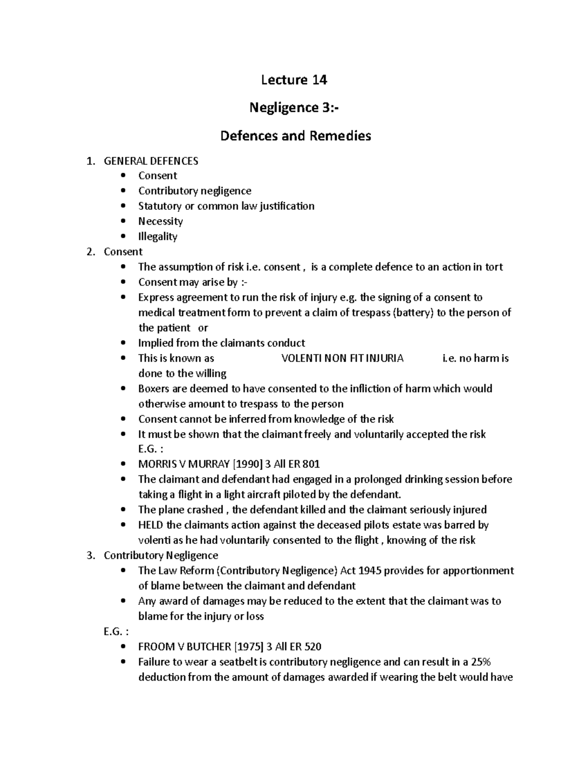 Negligence 3:- Defences and Remedies - Lecture 14 Negligence 3:Defences ...