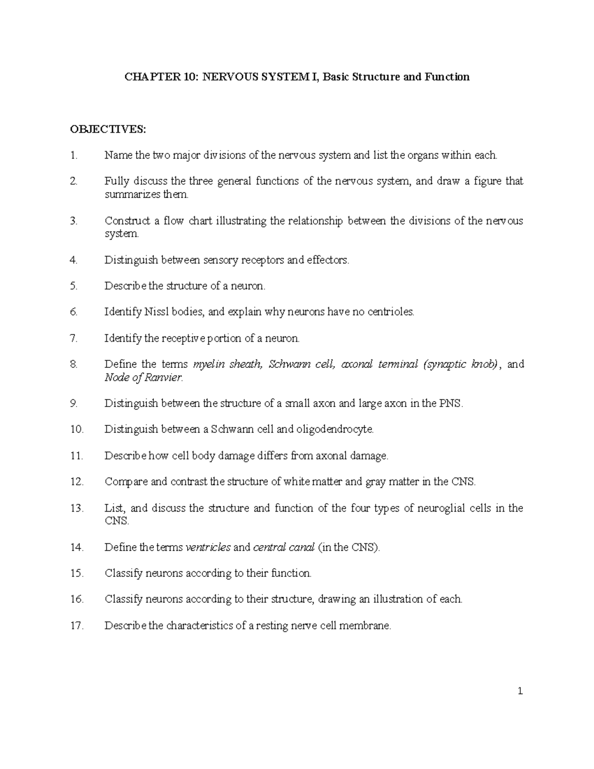 Ch10 outline - CHAPTER 10: NERVOUS SYSTEM I, Basic Structure and ...