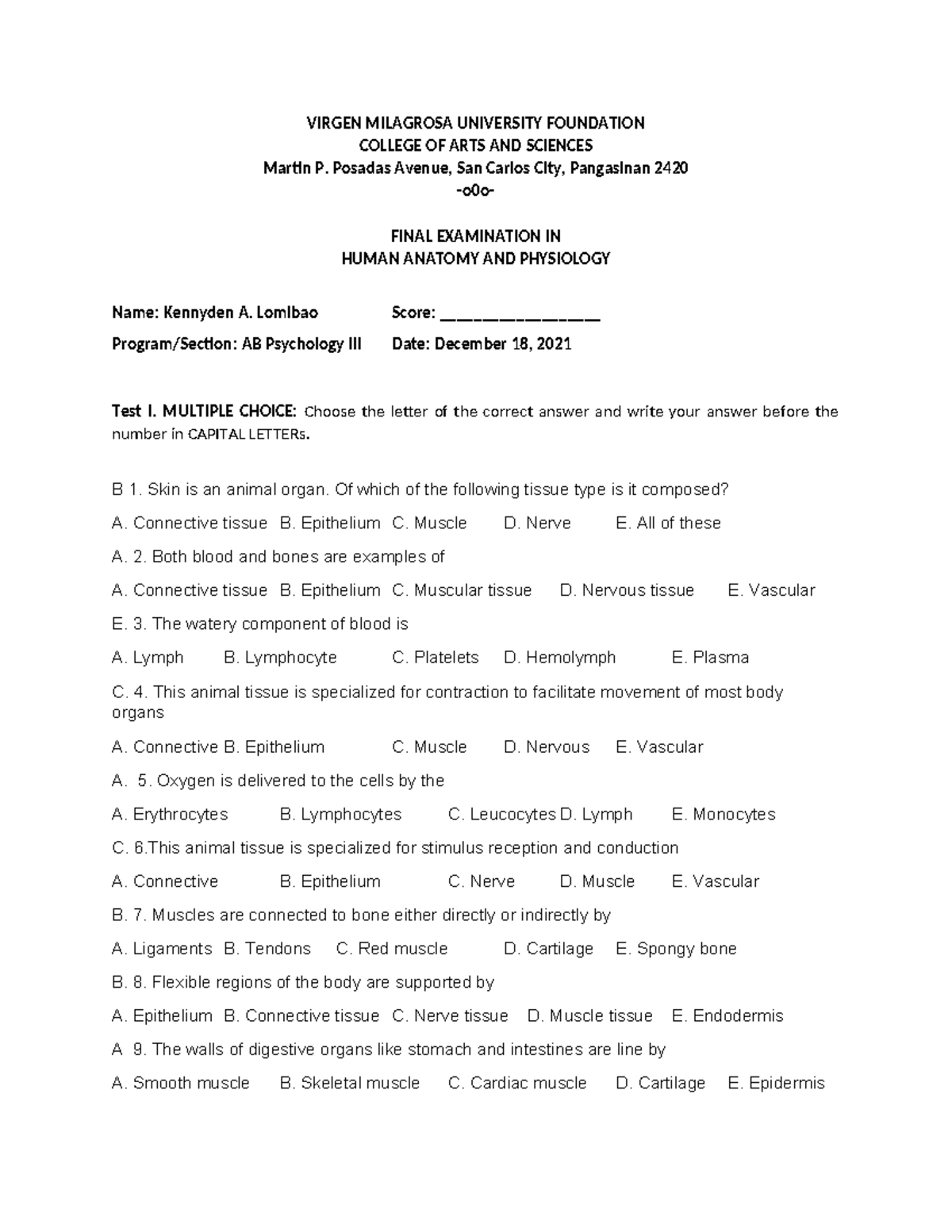 Final EXAM IN Human Anatomy AND Physiology - VIRGEN MILAGROSA ...