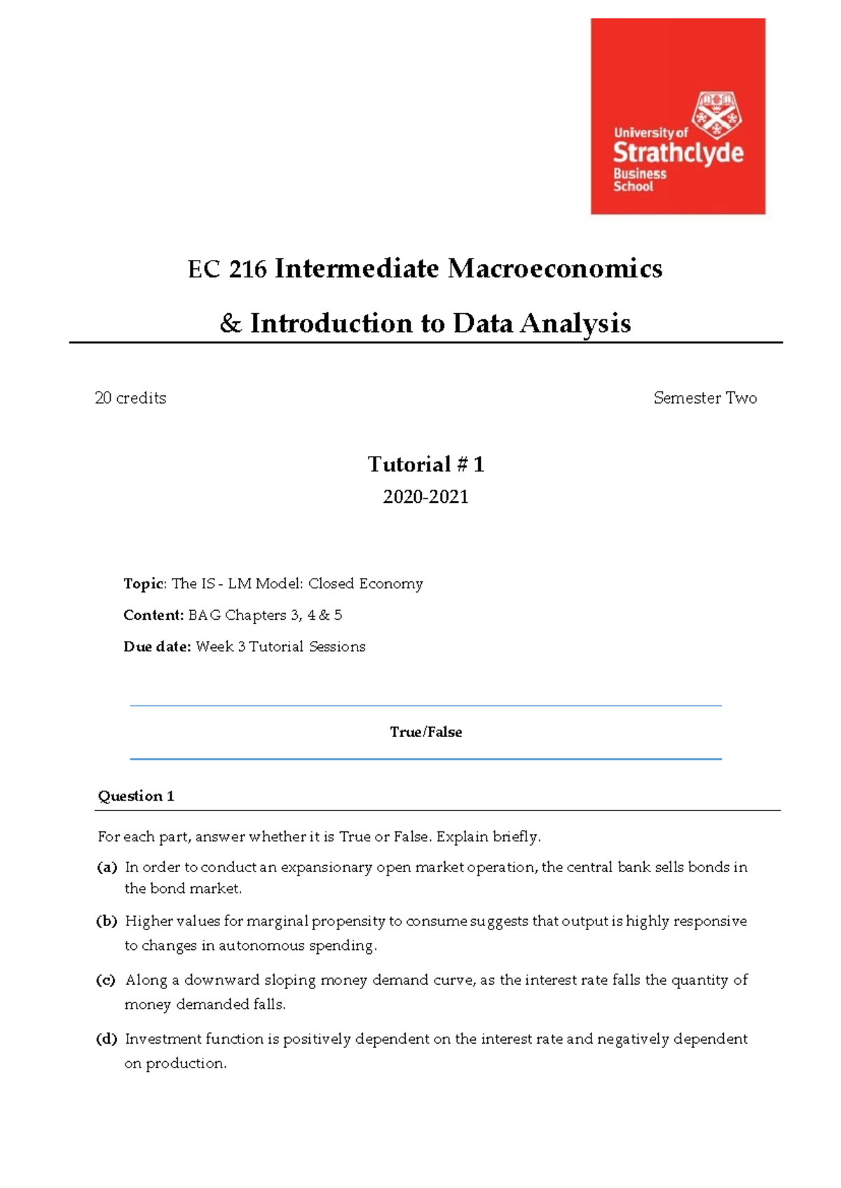 EC 216 Tutorial # 1 2021 - EC 216 Intermediate Macroeconomics & Introduction to Data Analysis 20 ...