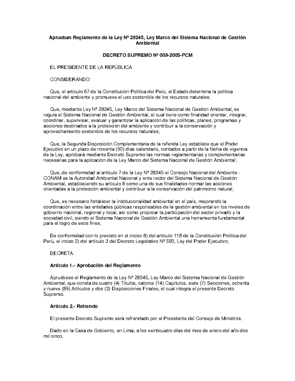D.S.008-2005-PCM Reglamento SNGA de la Ley Nº 28245 - Aprueban Reglamento de la Ley Nº 28245 ...