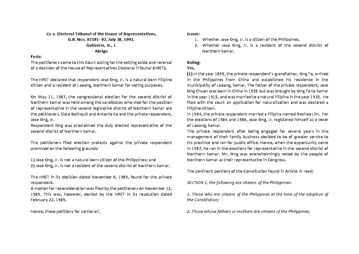 CO v ELECTORAL HOR DIGEST - Co v. Electoral Tribunal of the House of ...