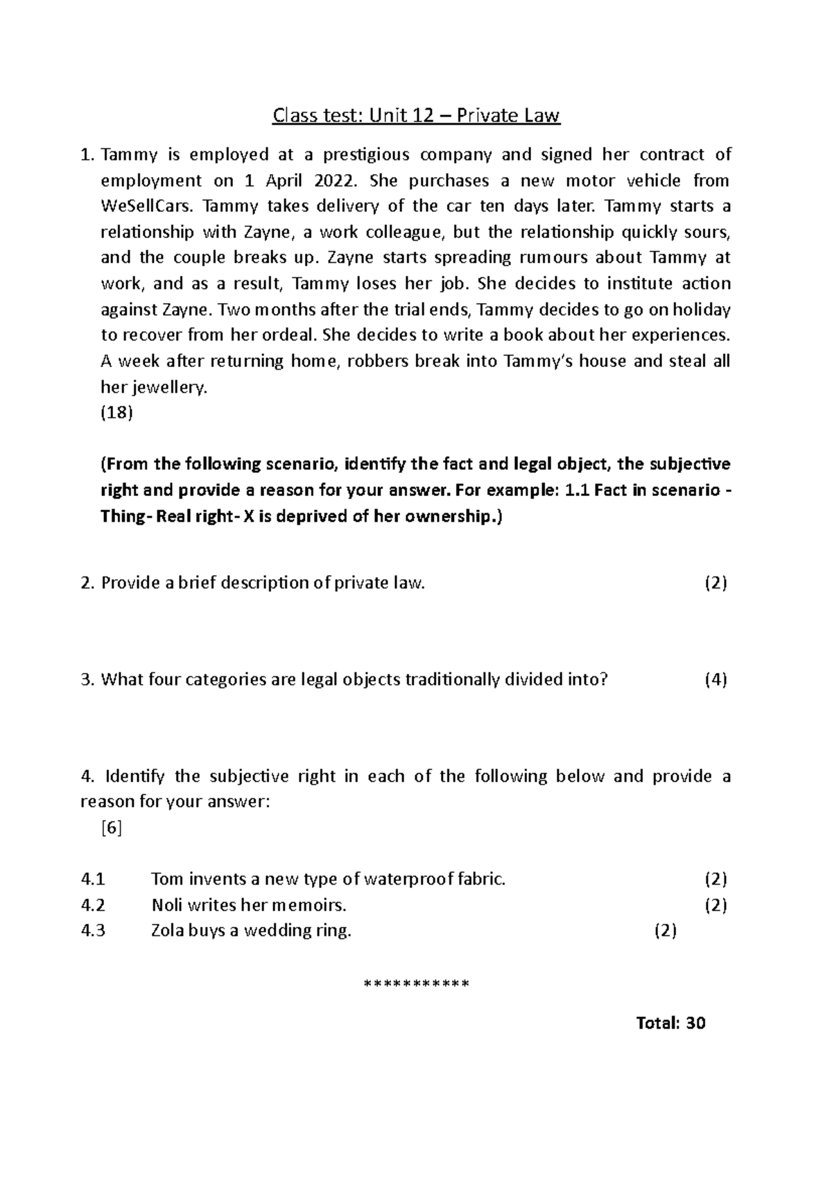 Class Test Unit 12 Private Law Class Test Unit 12 Private Law