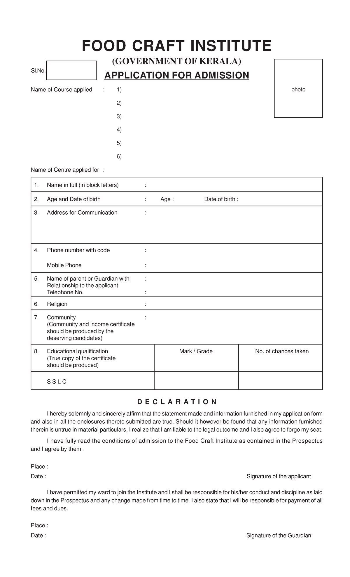 Food craft application form - photo FOOD CRAFT INSTITUTE (GOVERNMENT OF ...