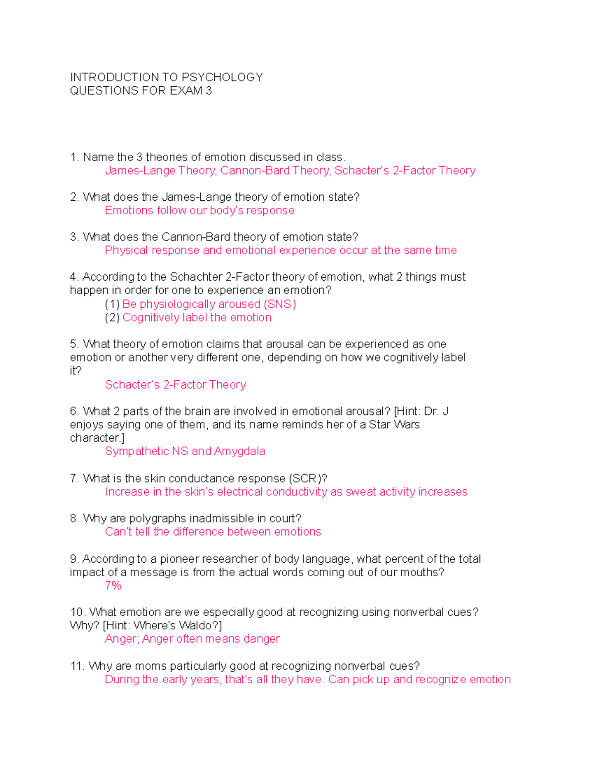 Answer - notes - INTRODUCTION TO PSYCHOLOGY QUESTIONS FOR EXAM 3 Name ...