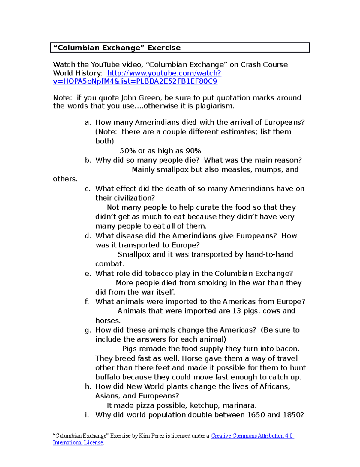 Columbian Exchange Exercise - “Columbian Exchange” Exercise Watch the ...