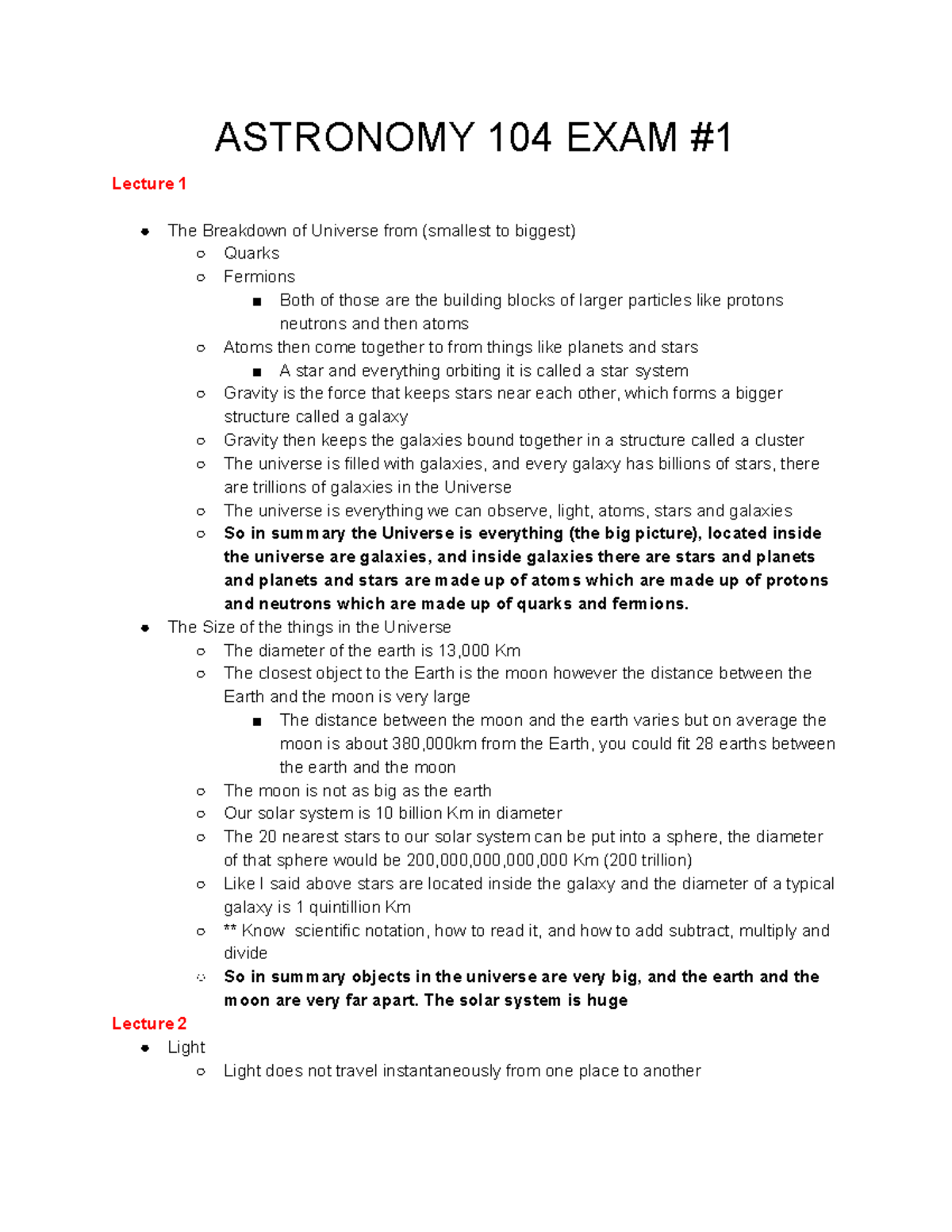 Astronomy 104 Exam: The Breakdown of Universe Size of Objects Light ...