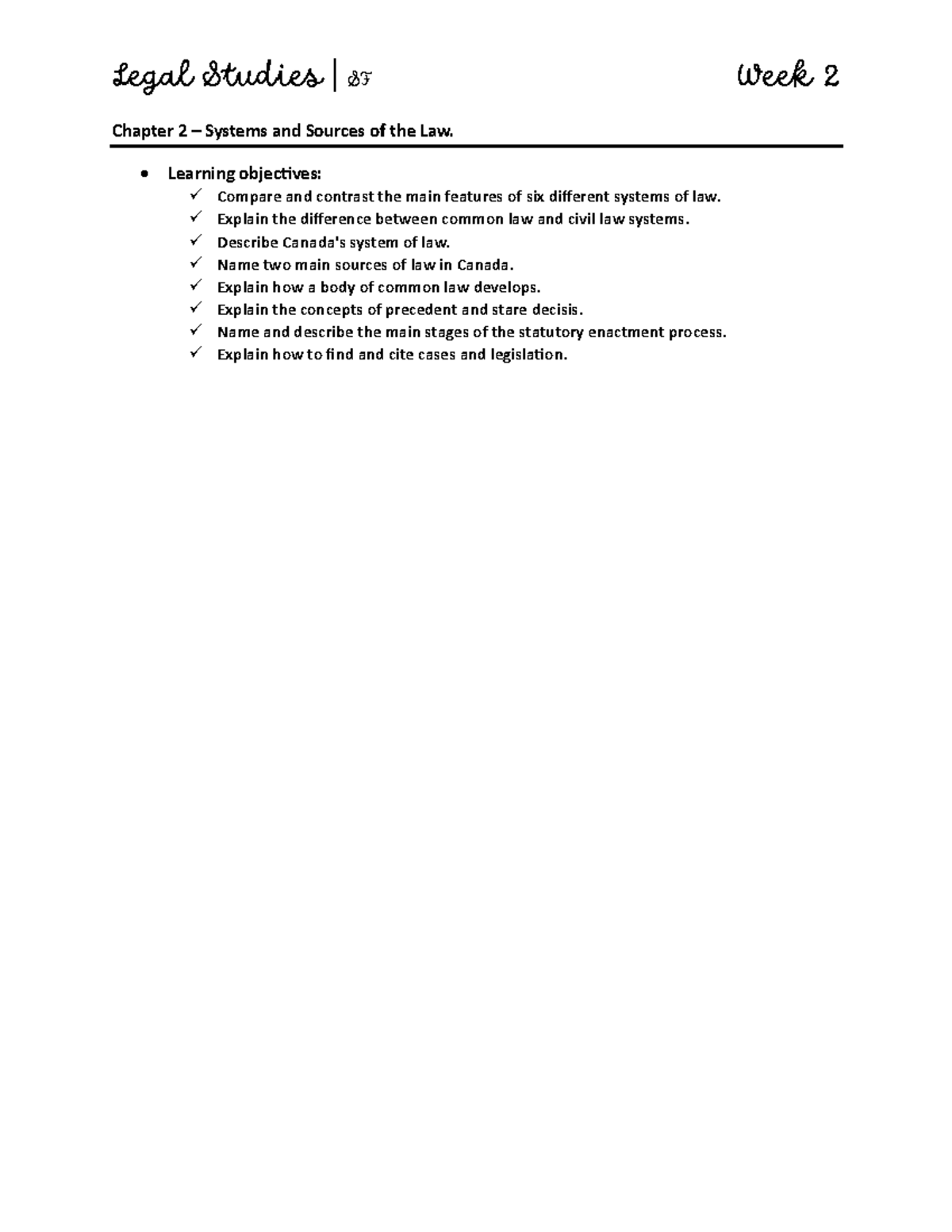 Week2 Notes - Chapter 2 – Systems and Sources of the Law. Learning ...