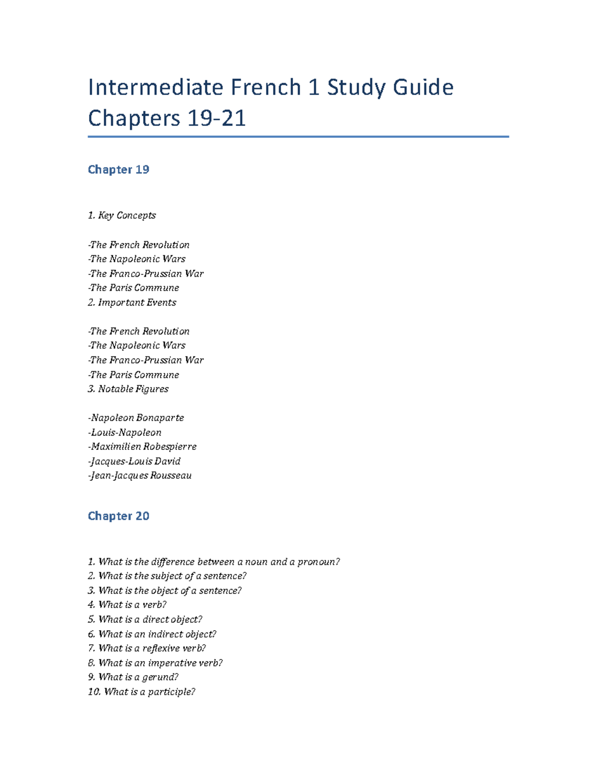 Intermediate French 1 Study Guide Chapters 19-21 - Intermediate French ...