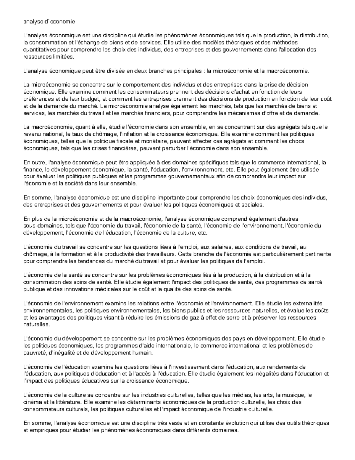 Analyse d`economie - analyse d`economie L'analyse économique est une ...