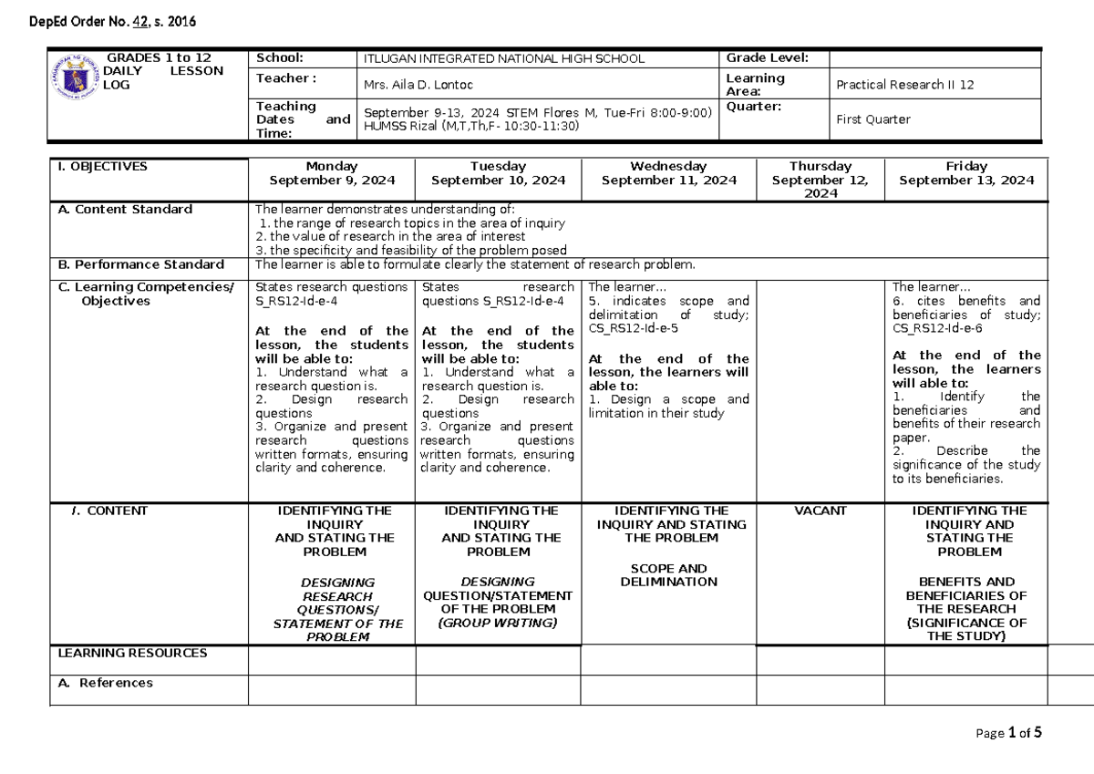PR2 WK 7 - dll - GRADES 1 to 12 DAILY LESSON LOG School: ITLUGAN ...