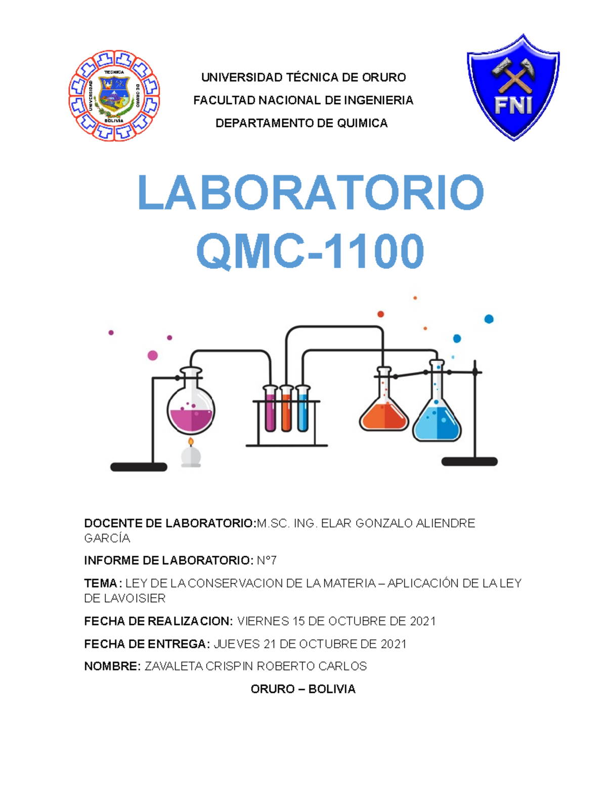 LAB7 QMC - informe de laboratorio - UNIVERSIDAD TÉCNICA DE ORURO FACULTAD NACIONAL DE INGENIERIA ...