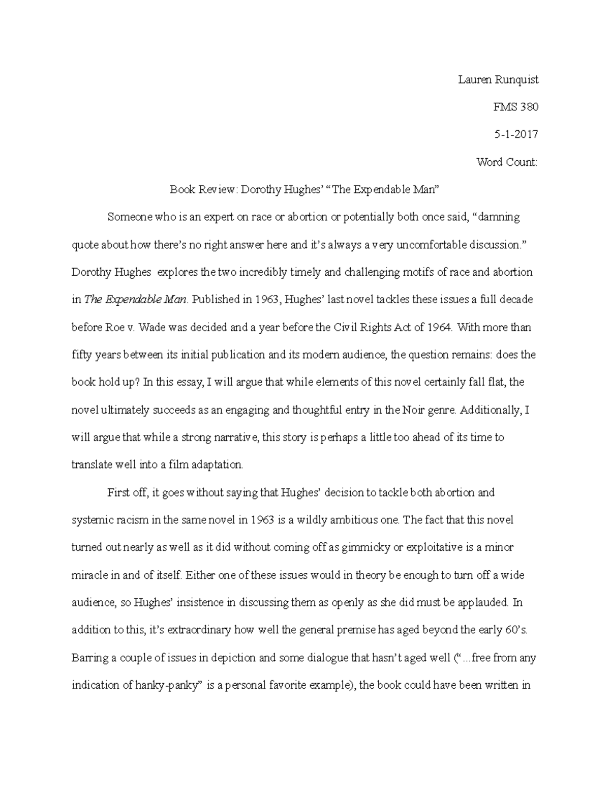 Book Review-The Expendable Man - Lauren Runquist FMS 380 Word Count ...