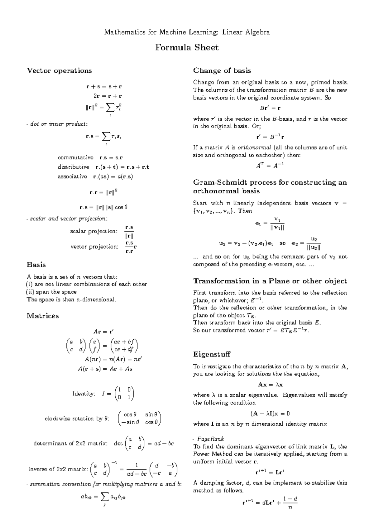Maths 4ml-linearalgebra-formula - Mathematics for Machine Learning: Linear Algebra Formula Sheet ...