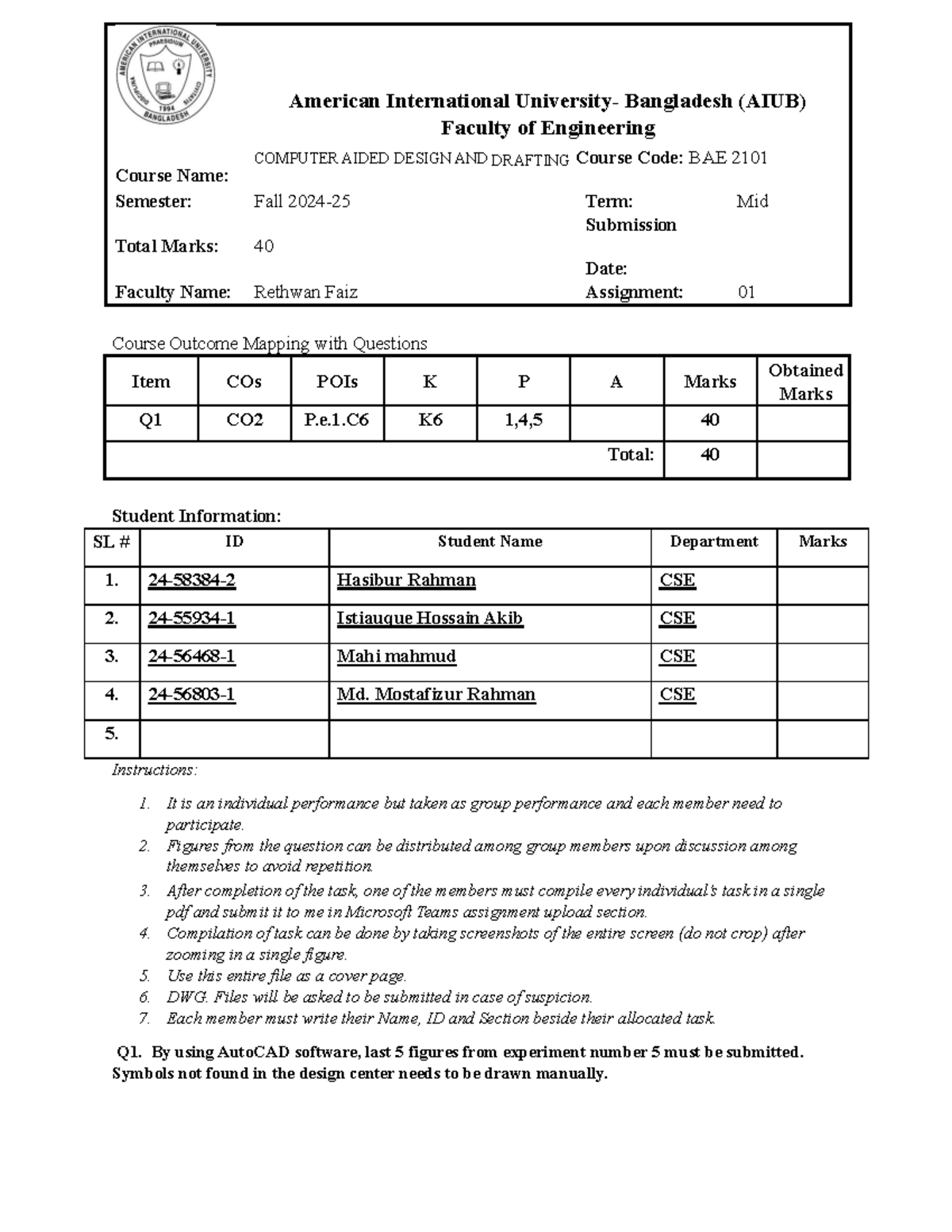 CAD Mid Assignment 2 - it is curcuit design - Course Outcome Mapping ...