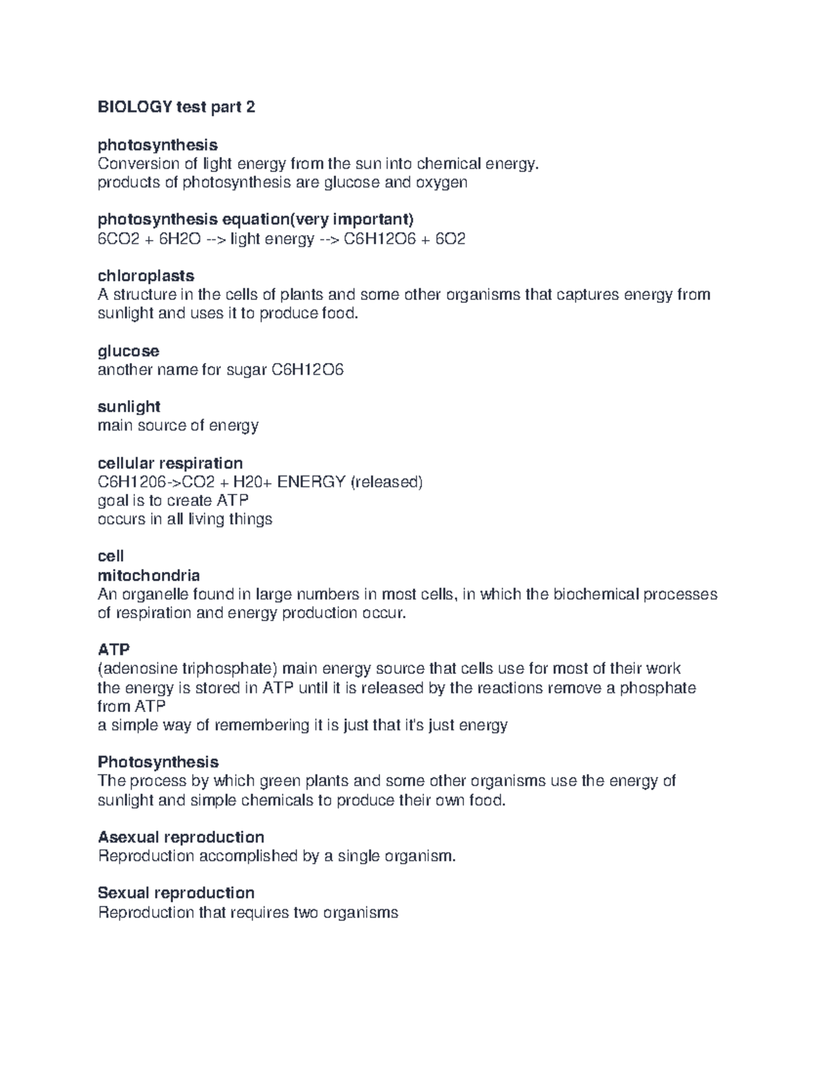 Biology test part 2 - BIOLOGY test part 2 photosynthesis Conversion of ...