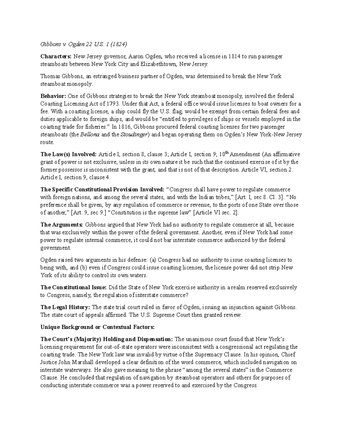 Gibbons v Ogden Case Brief - Gibbons v. Ogden 22 U. 1 (1824) Characters ...