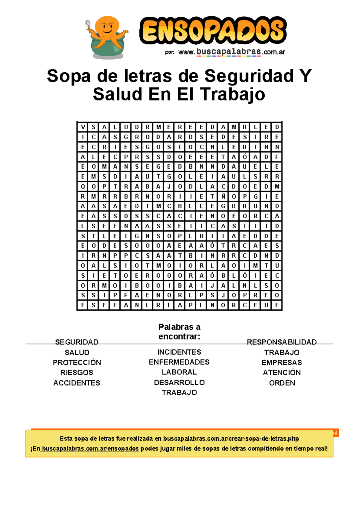 Sopa de letras de seguridad y salud en el trabajo - Sopa de letras de ...