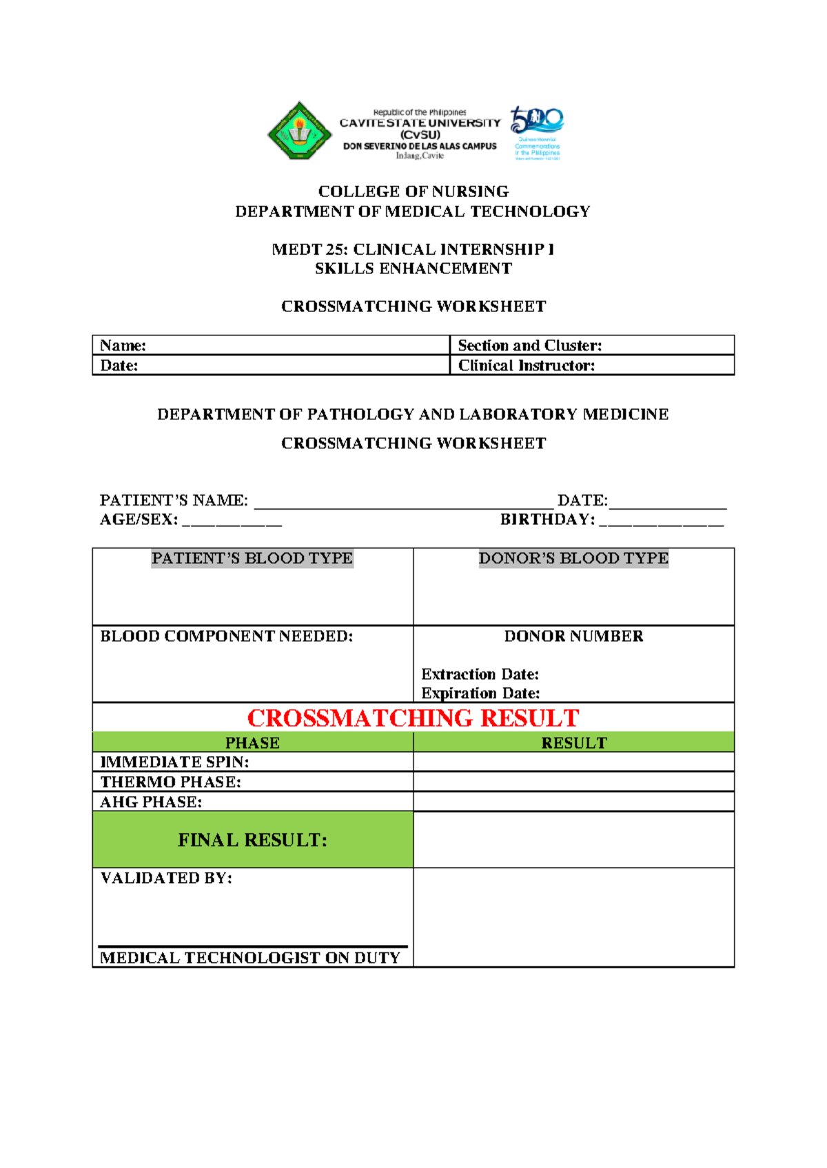 MEDT 25 - Crossmatching Worksheet - COLLEGE OF NURSING DEPARTMENT OF ...