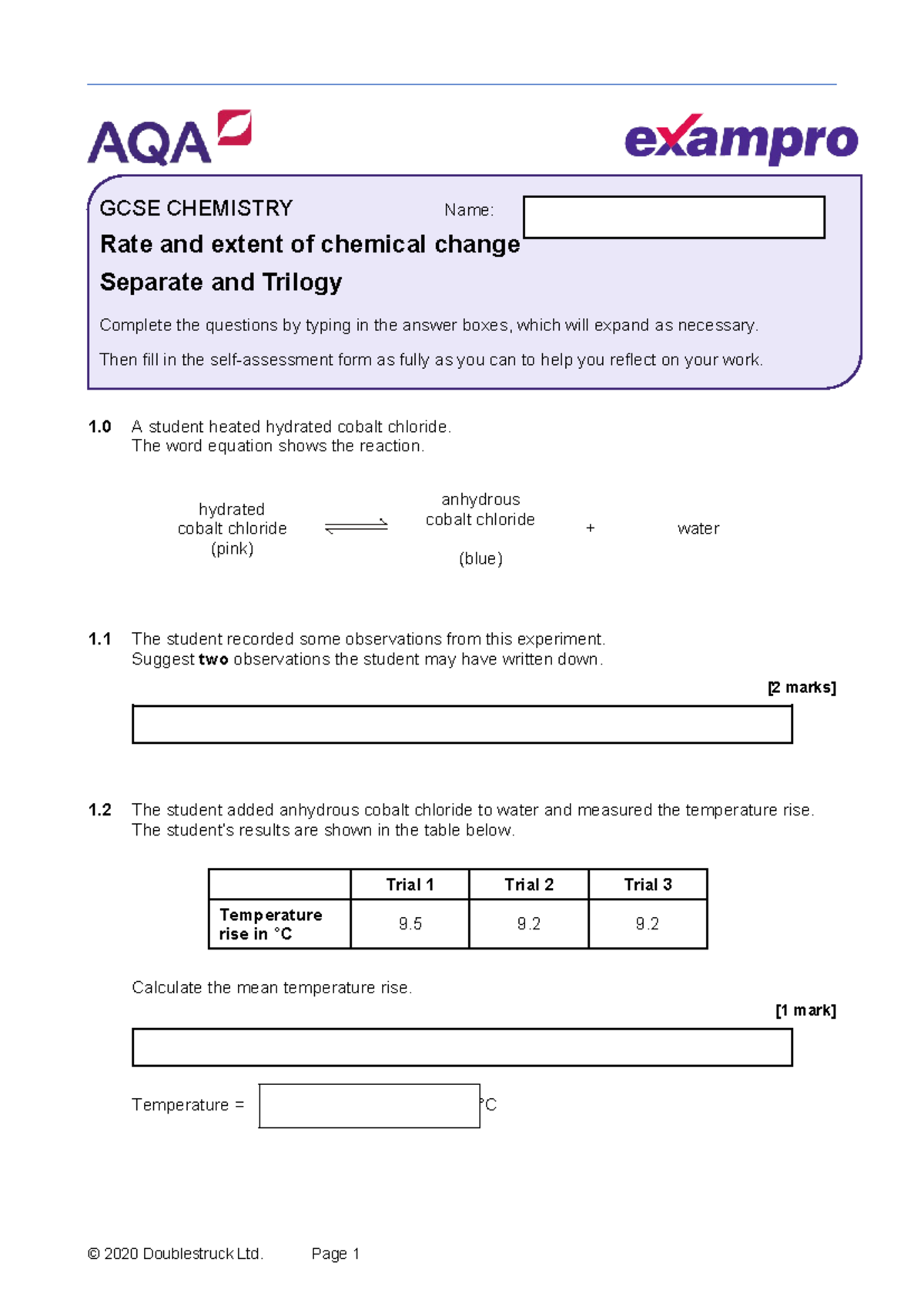 Chemistry Separate and Trilogy Rate and extent chemical change - 1 A ...
