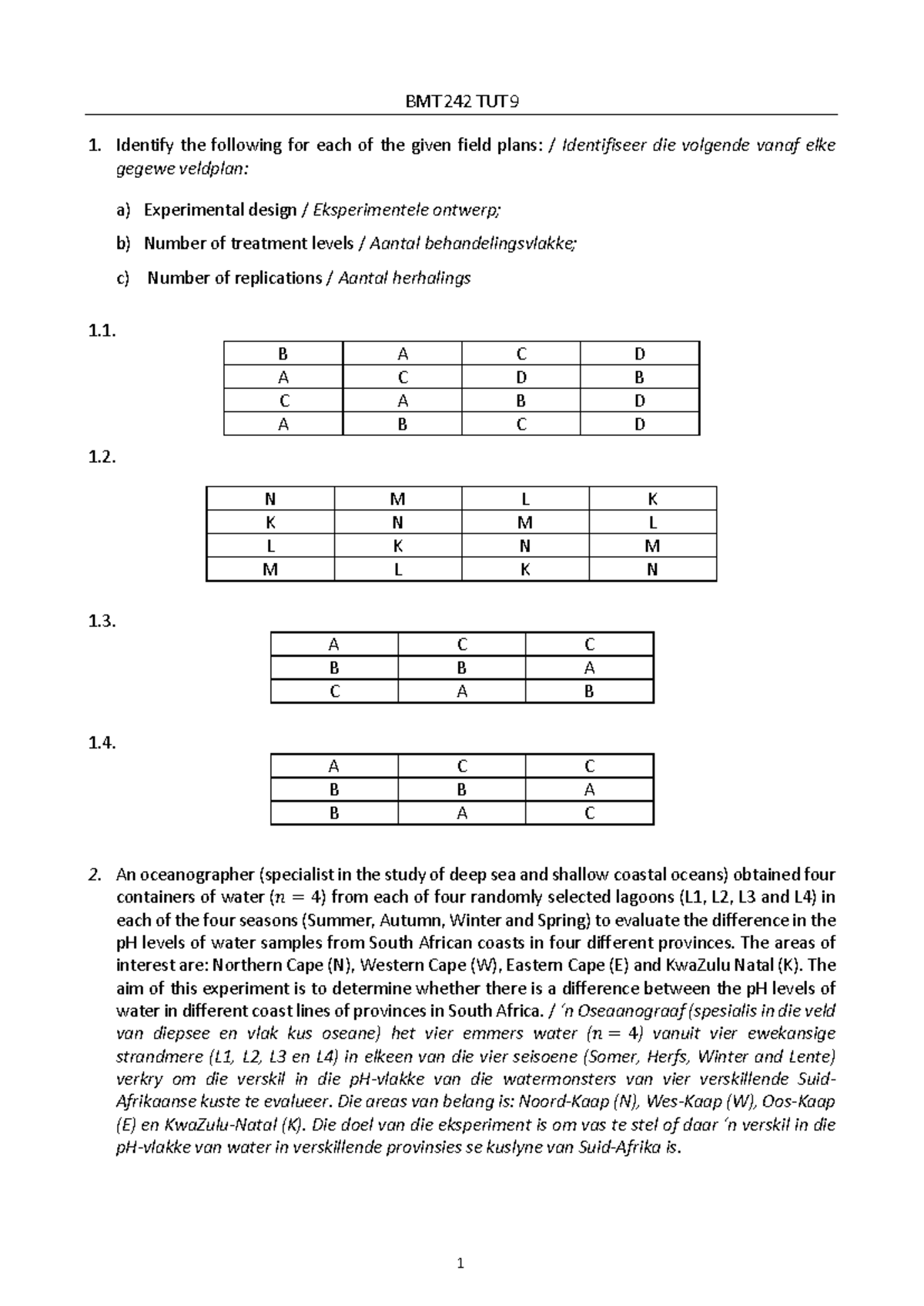 Tut 9 - Tut 9 - 1 BMT 242 TUT 9 1. Identify the following for each of the given field plans ...