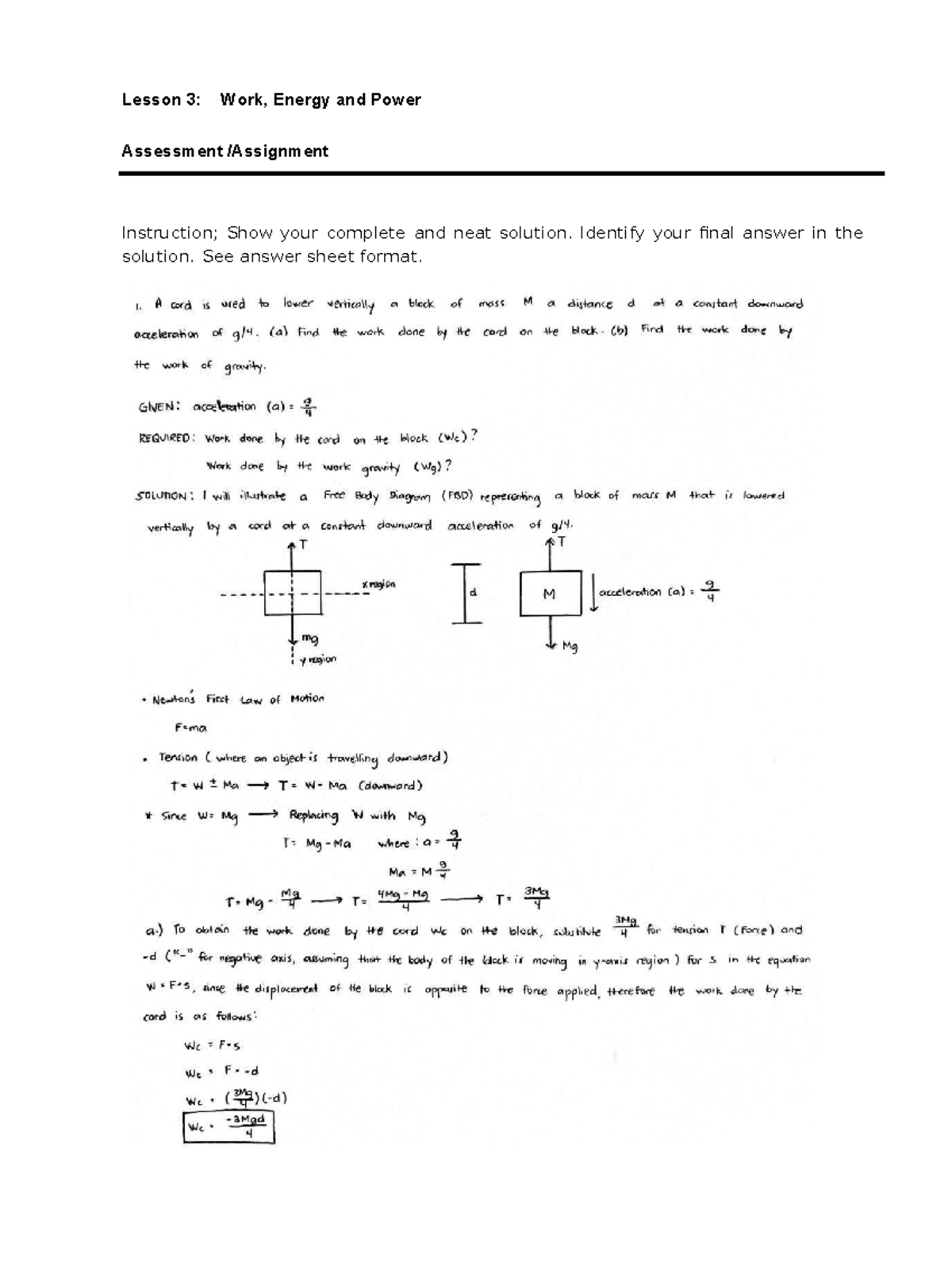 Assignment Lesson 3 Work, Energy, and Power - Mathematics in the Modern ...