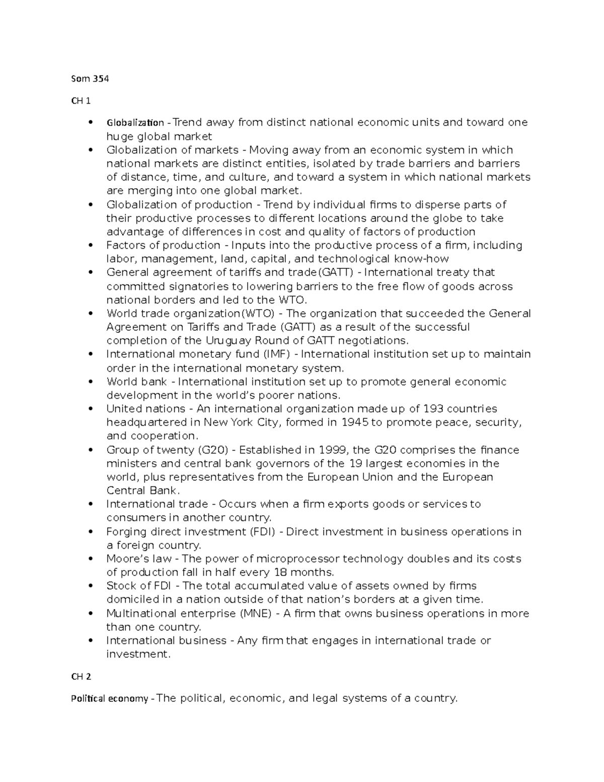 Som 354 - notes - Som 354 CH 1 Globalization - Trend away from distinct ...