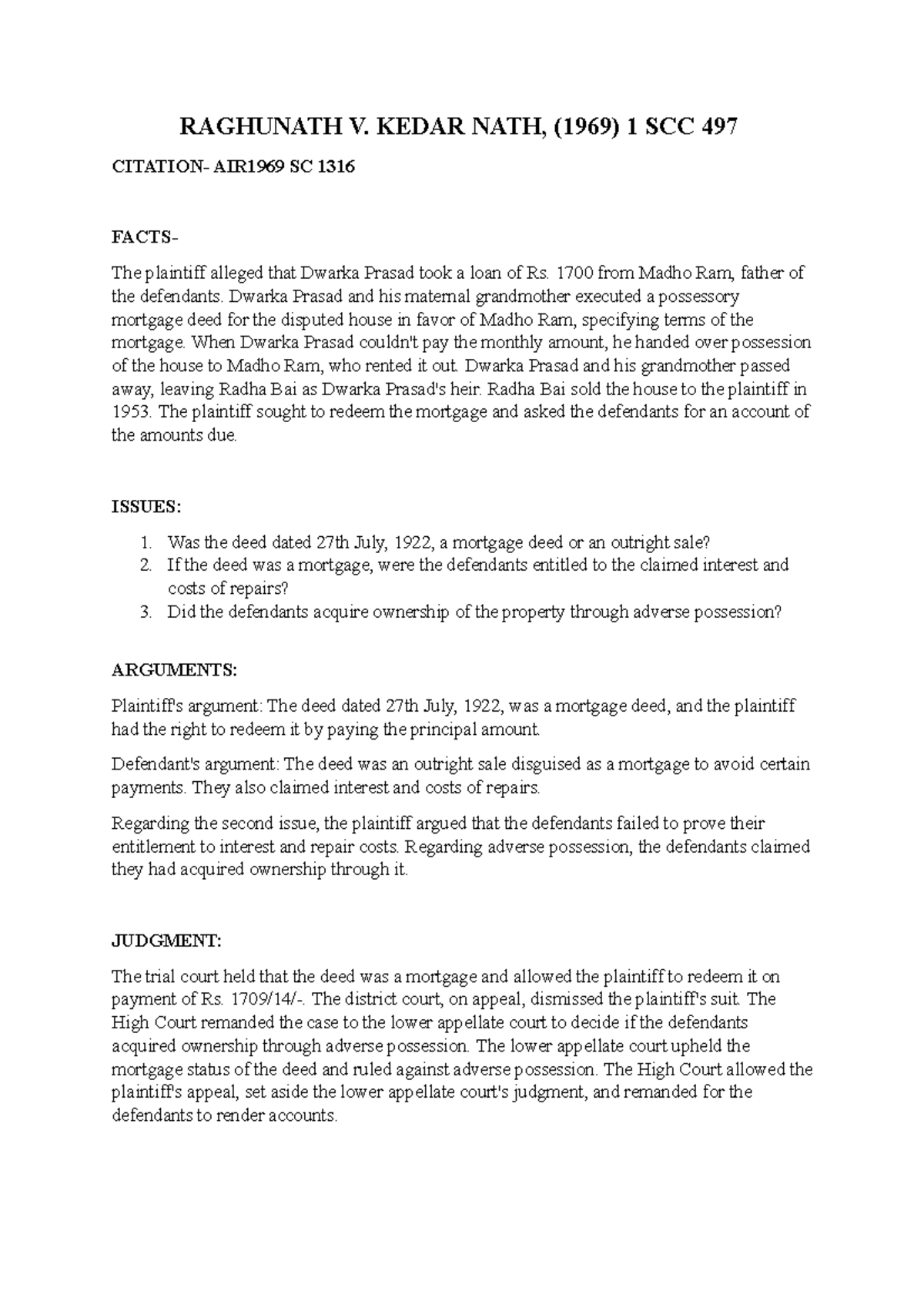 Raghunath V. Kedar NATH - RAGHUNATH V. KEDAR NATH, (1969) 1 SCC 497 ...