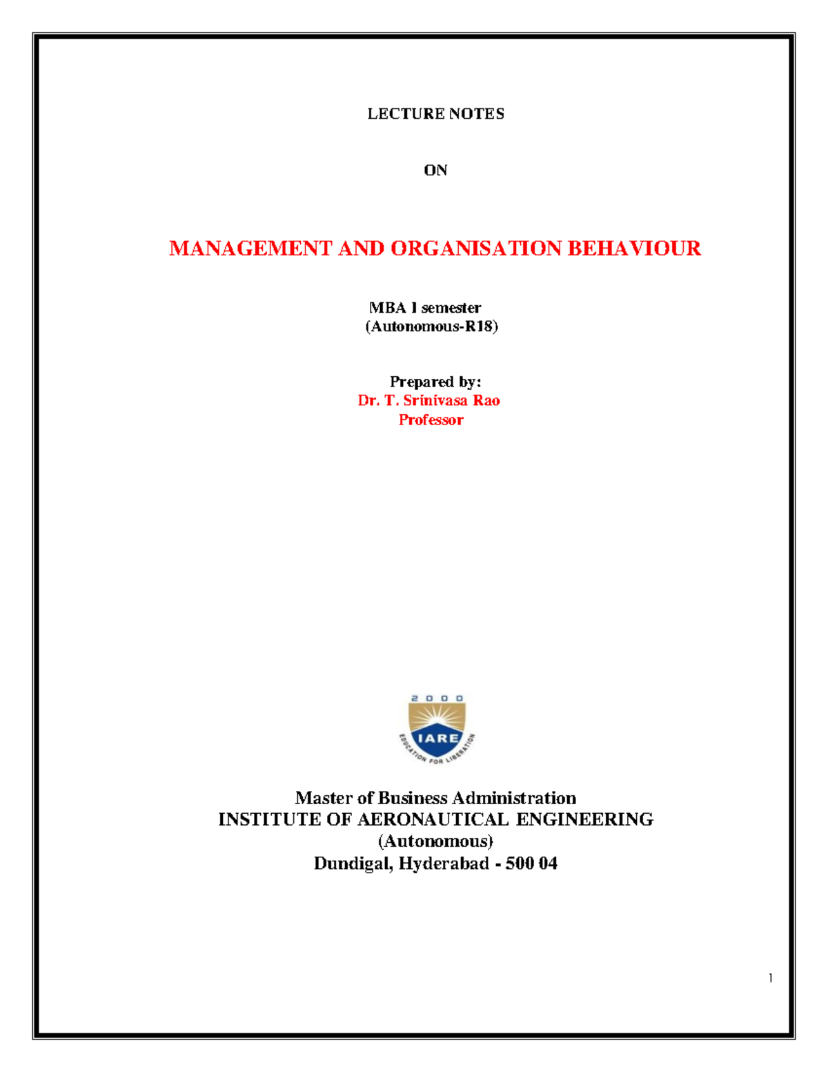 IARE MOB Lecture Notes 0 - LECTURE NOTES ON MANAGEMENT AND ORGANISATION ...
