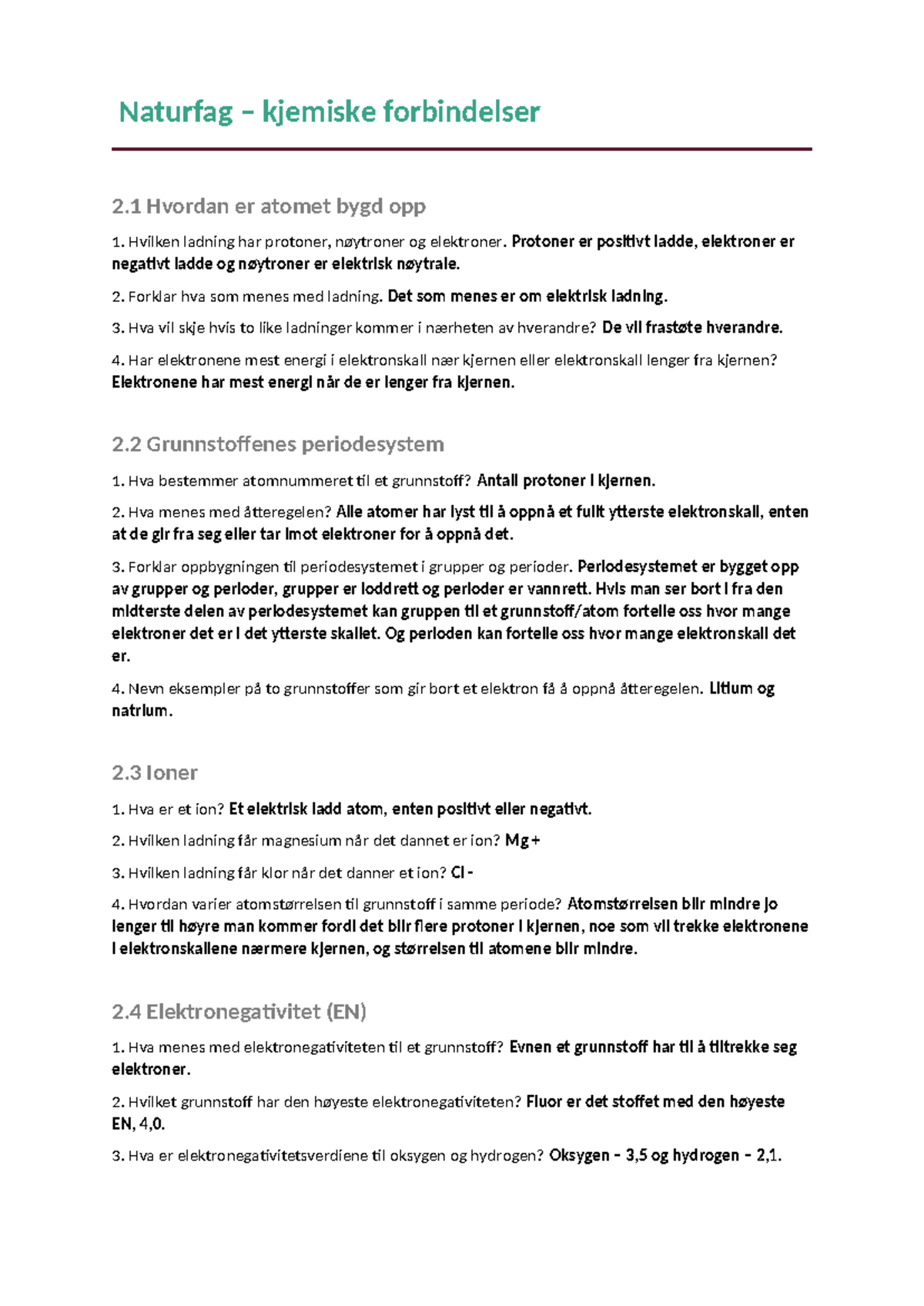Kap 2 - Kjemsike forbindelser Kontrollspørsmål - Naturfag – kjemiske ...