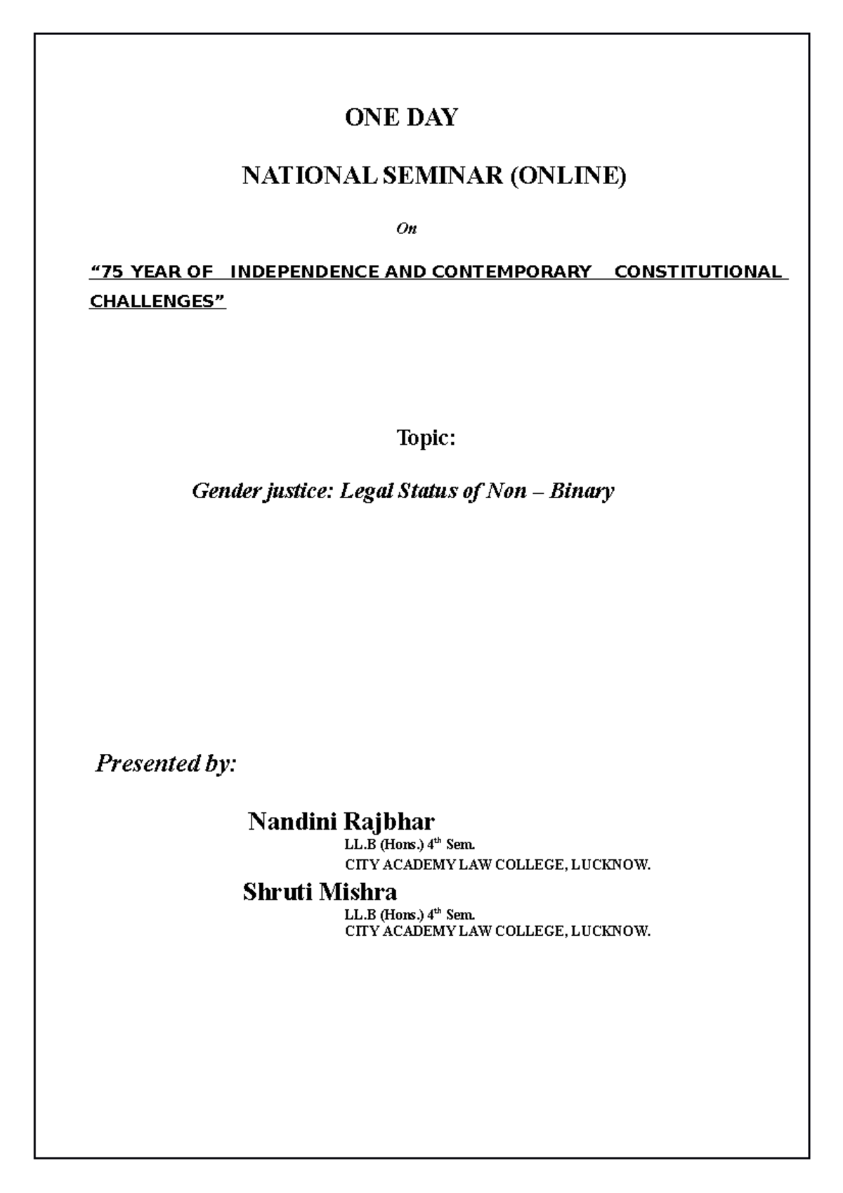 SN Paper 33 - ONE DAY NATIONAL SEMINAR (ONLINE) On “75 YEAR OF ...