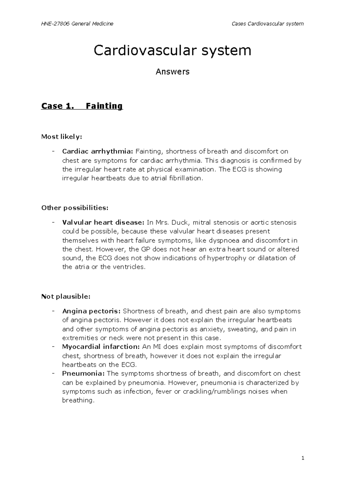 Case CVD answers - HNE-27806 General Medicine Cases Cardiovascular ...