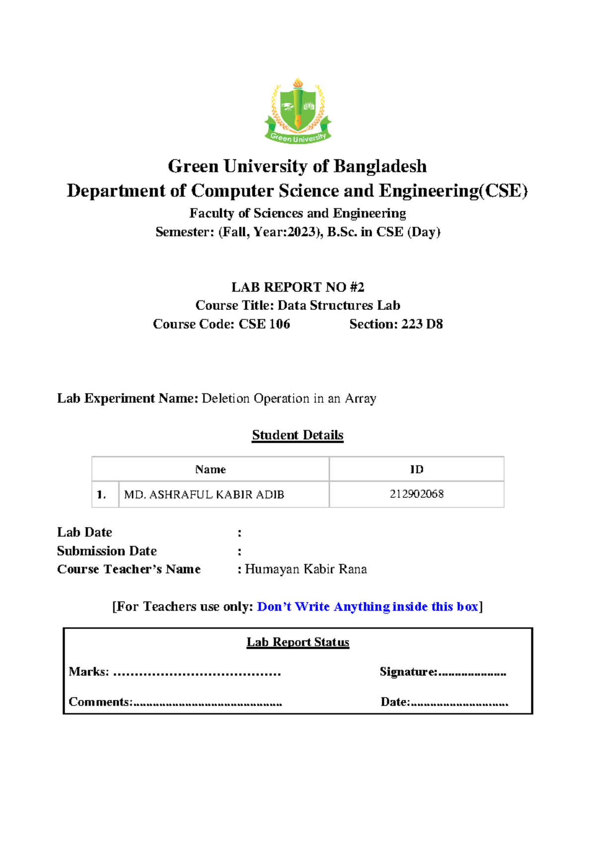 Lab Report 02- Deletion Operation in an Array - Green University of ...