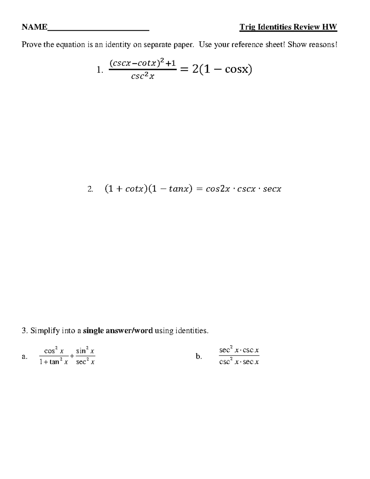 Trig Test Review HW - NAME________________________ Trig Identities ...