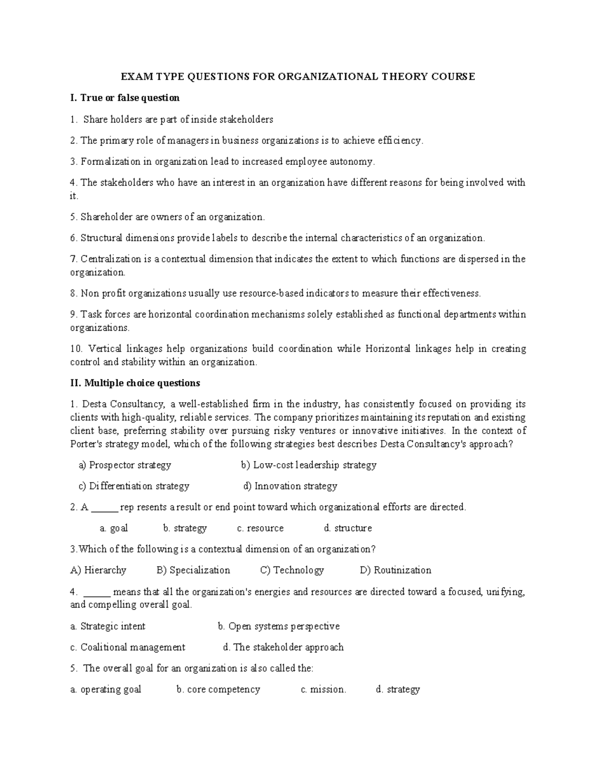 OT EXAM Exercise Questions - EXAM TYPE QUESTIONS FOR ORGANIZATIONAL ...