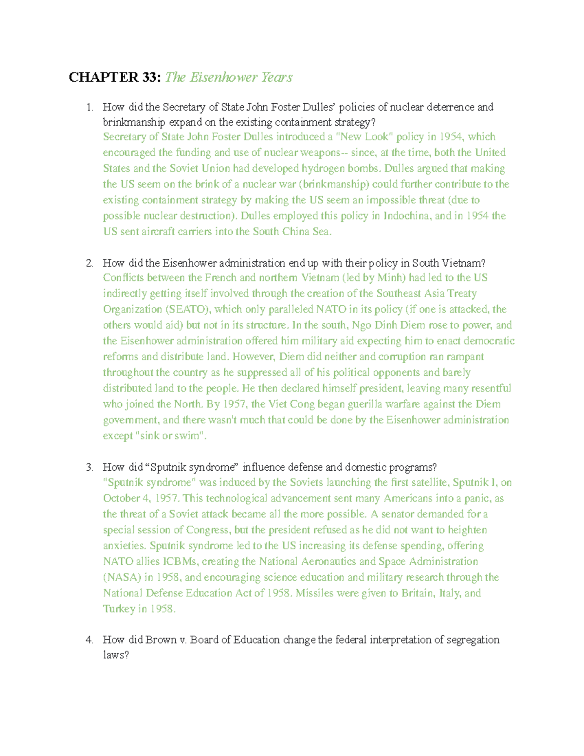 Chapter 33 HW Questions - CHAPTER 33: The Eisenhower Years How did the ...