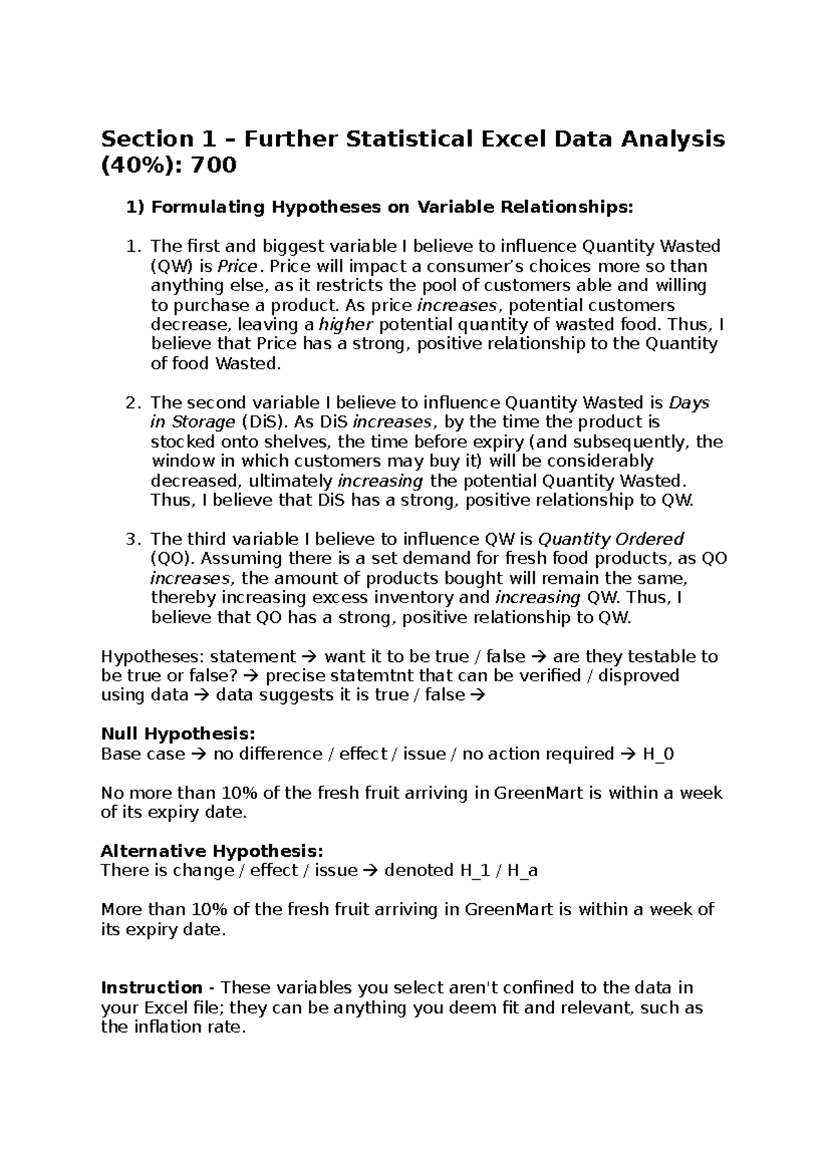 1110 Assessment 4 Final - Section 1 – Further Statistical Excel Data Analysis (40%): 700 ...