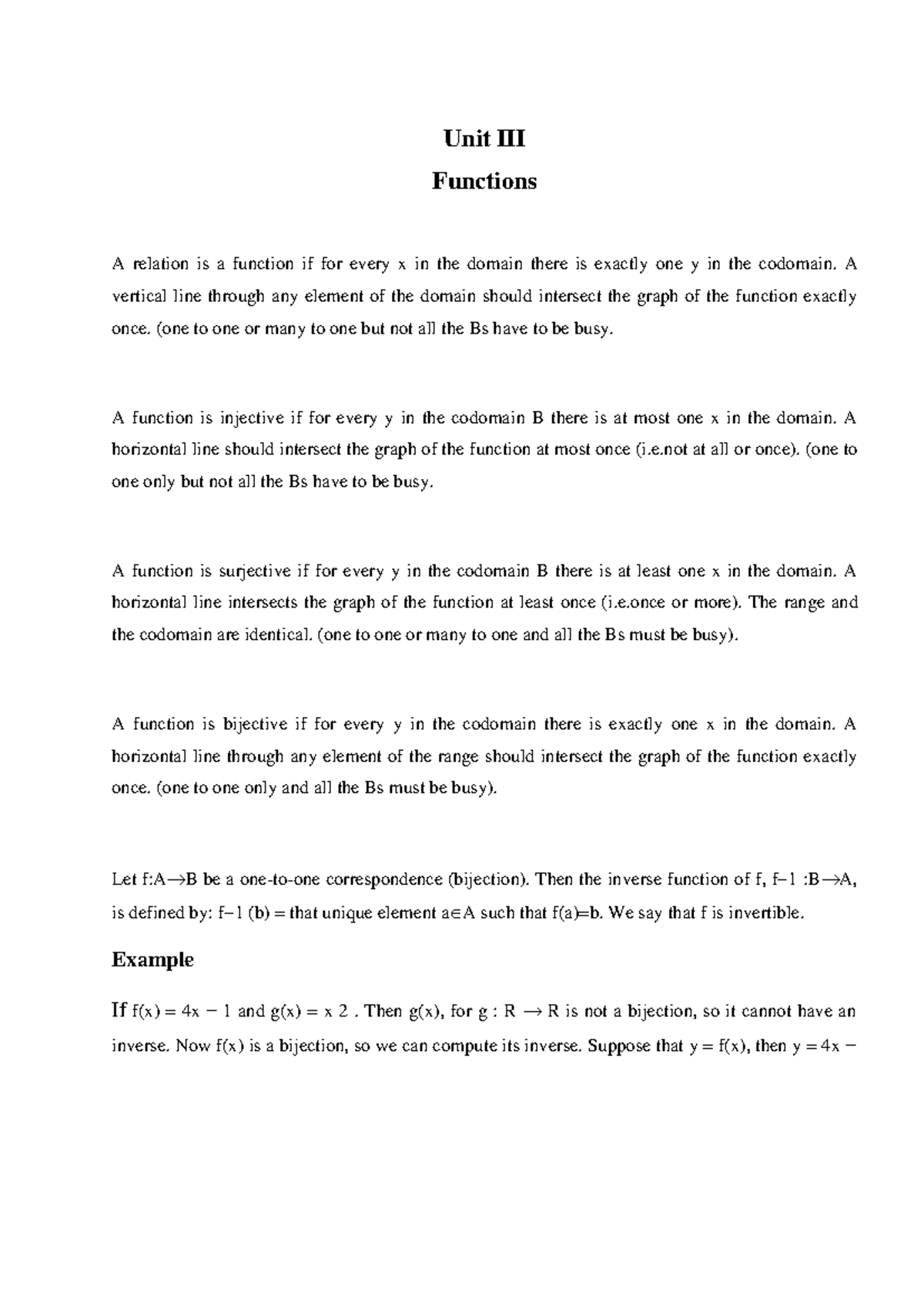 Functions Notes - Unit III Functions A relation is a function if for ...