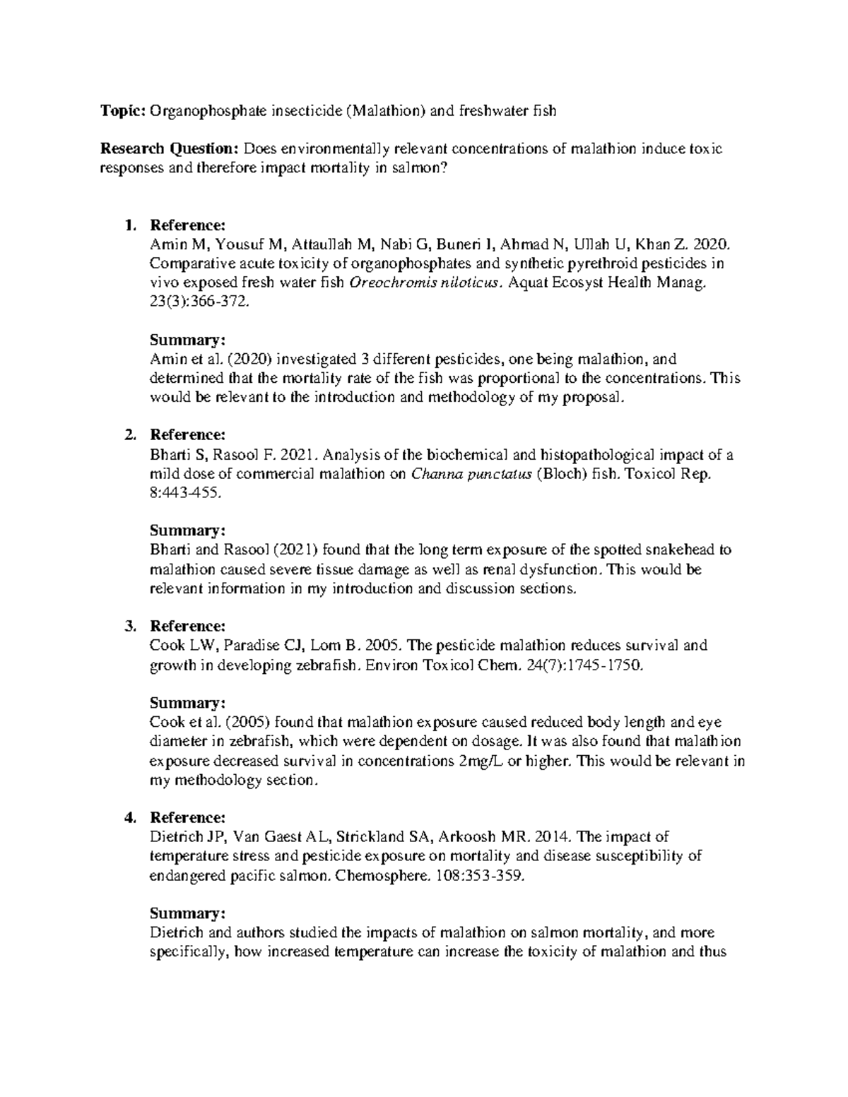 ENVS 3020 Annotated Bib Final - Topic: Organophosphate insecticide ...