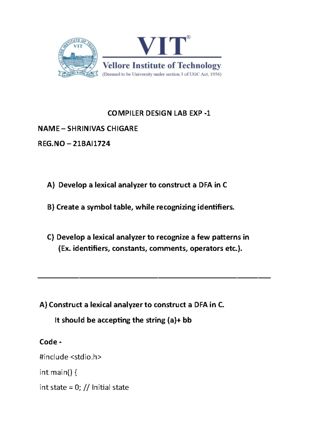21BAI1724 LAB-01 - class - COMPILER DESIGN LAB EXP - 1 NAME – SHRINIVAS ...