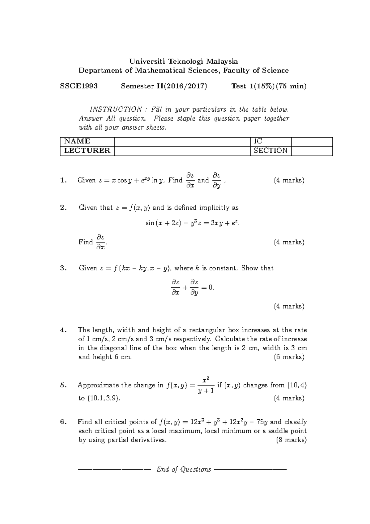 Test 1 February 2016, questions - Universiti Teknologi Malaysia ...