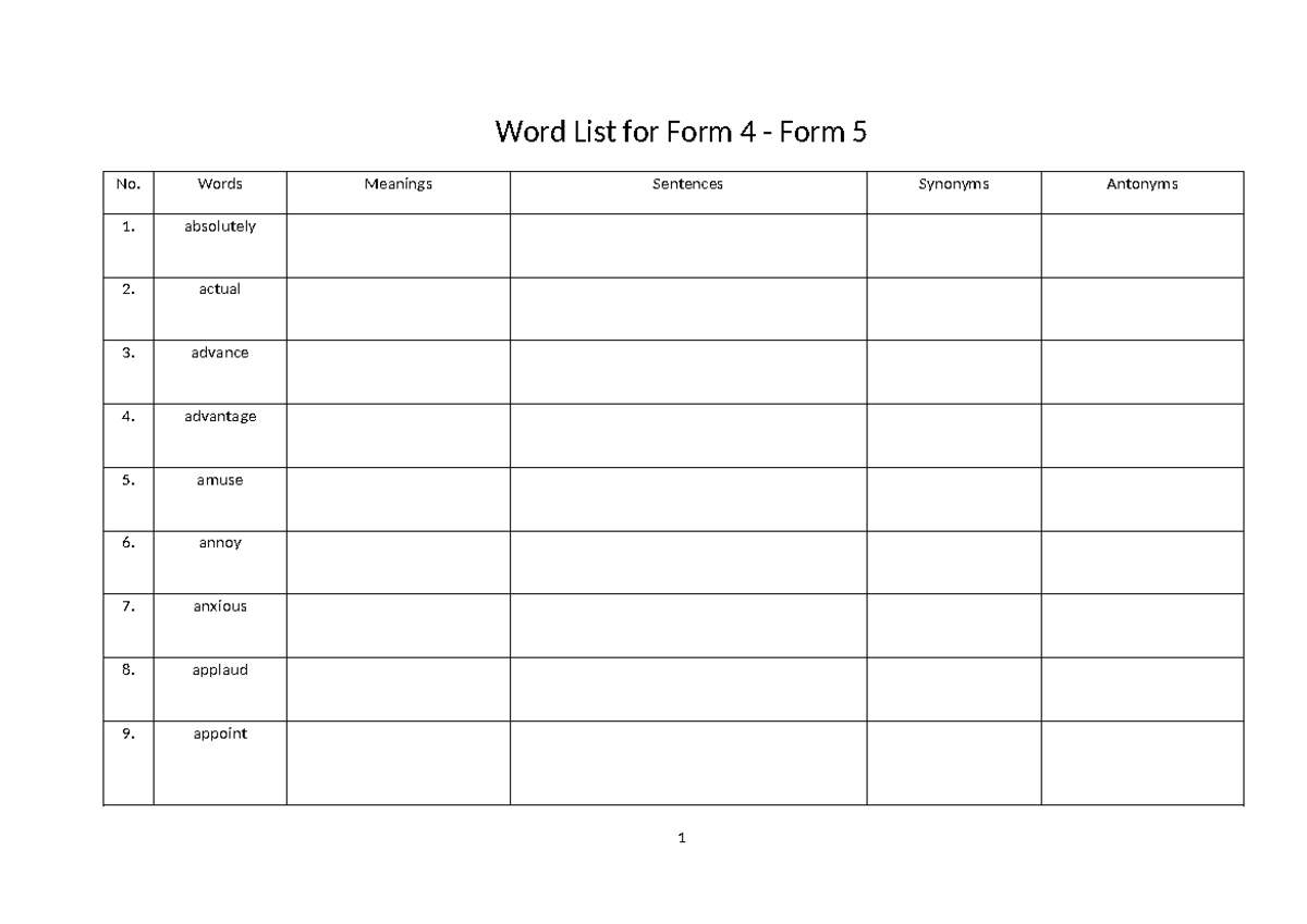 Word List for Form 4-5 - notes - Word List for Form 4 - Form 5 No ...