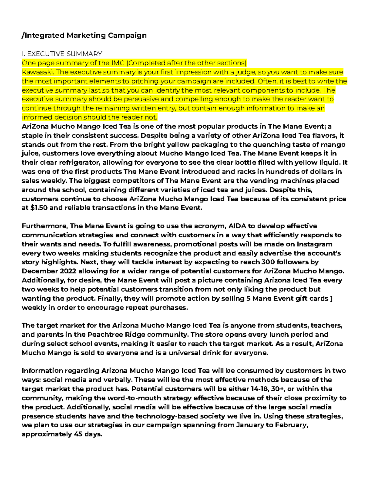 integrated Marketing Campaign - EXECUTIVE SUMMARY One page summary of ...