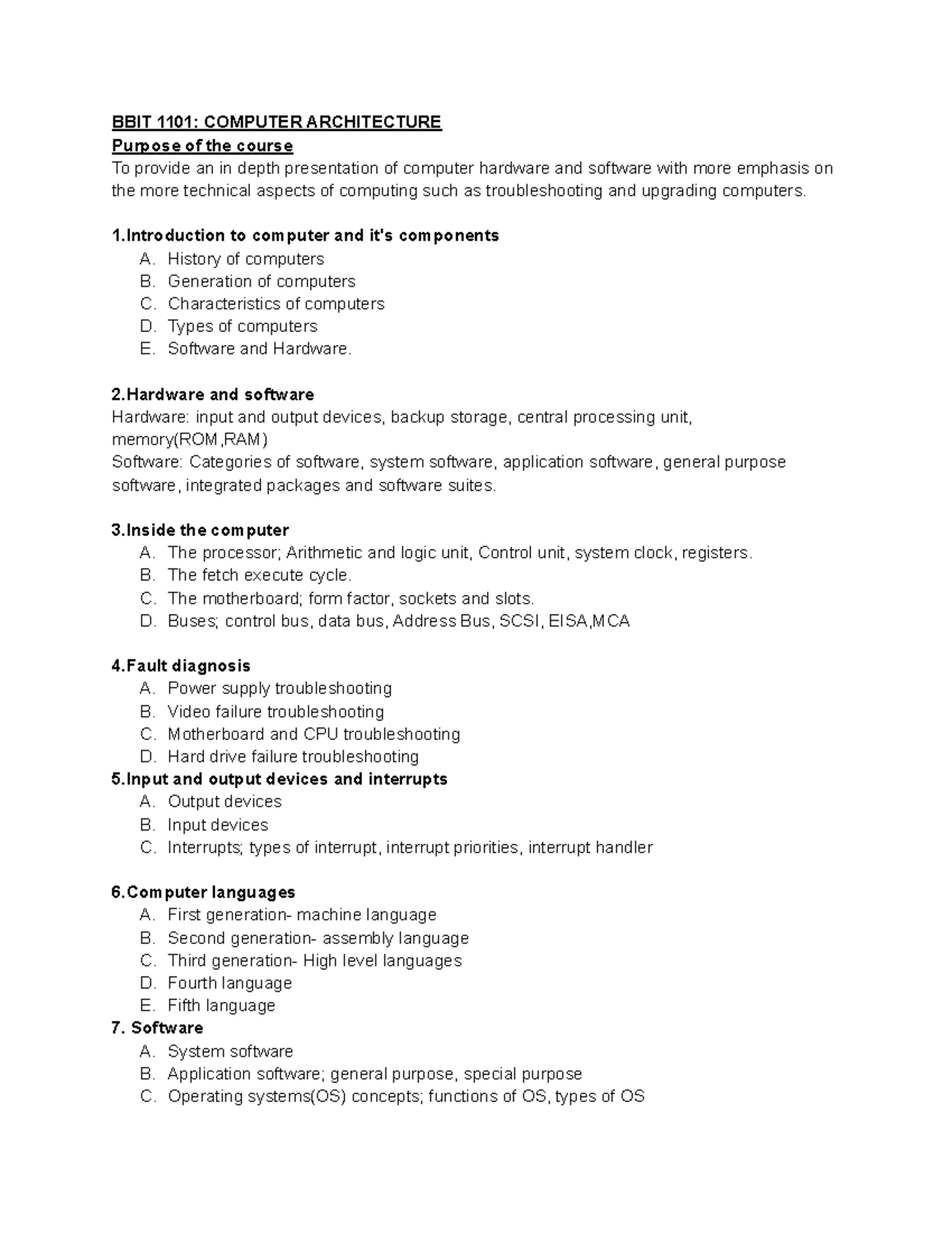 BBIT 1101- Computer Architecture - BBIT 1101: COMPUTER ARCHITECTURE Purpose of the course To ...