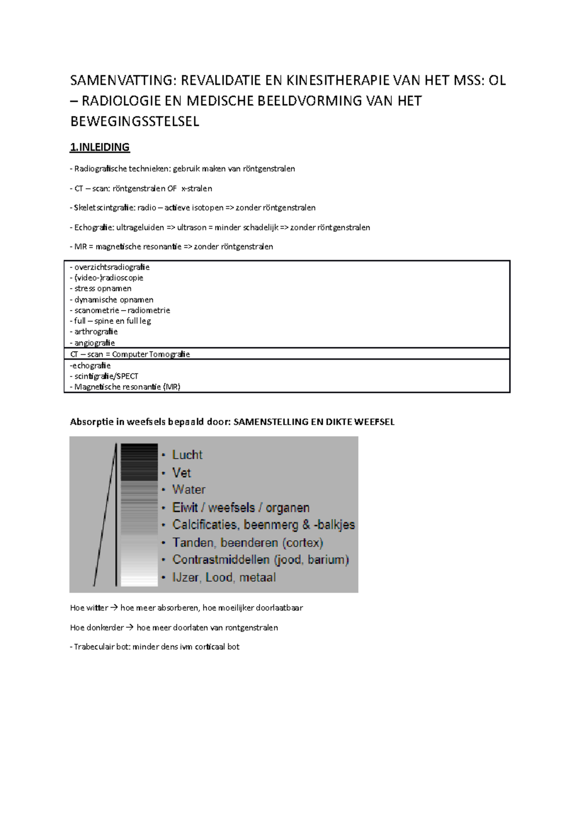 Samenvatting- radiologie en medische beeldvorming - SAMENVATTING: REVALIDATIE EN KINESITHERAPIE ...