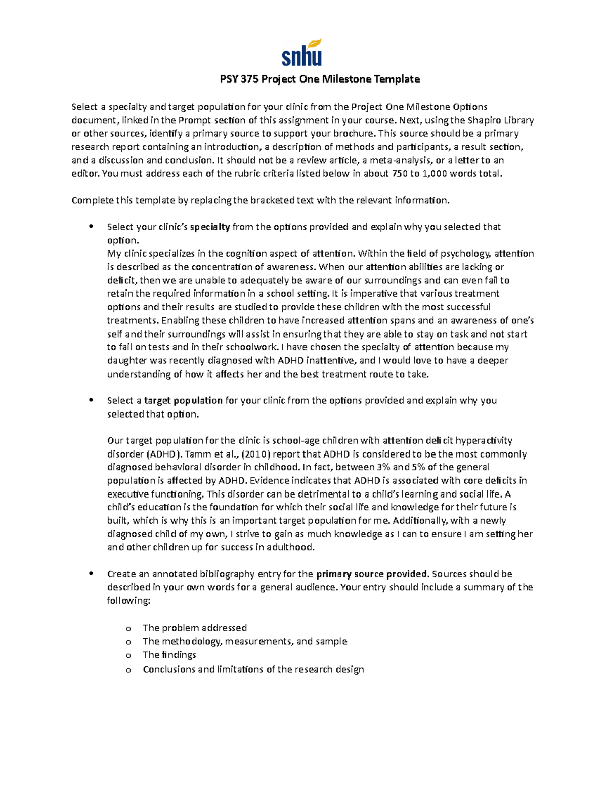 PSY 375 Project One Milestone Template - PSY 375 Project One Milestone ...