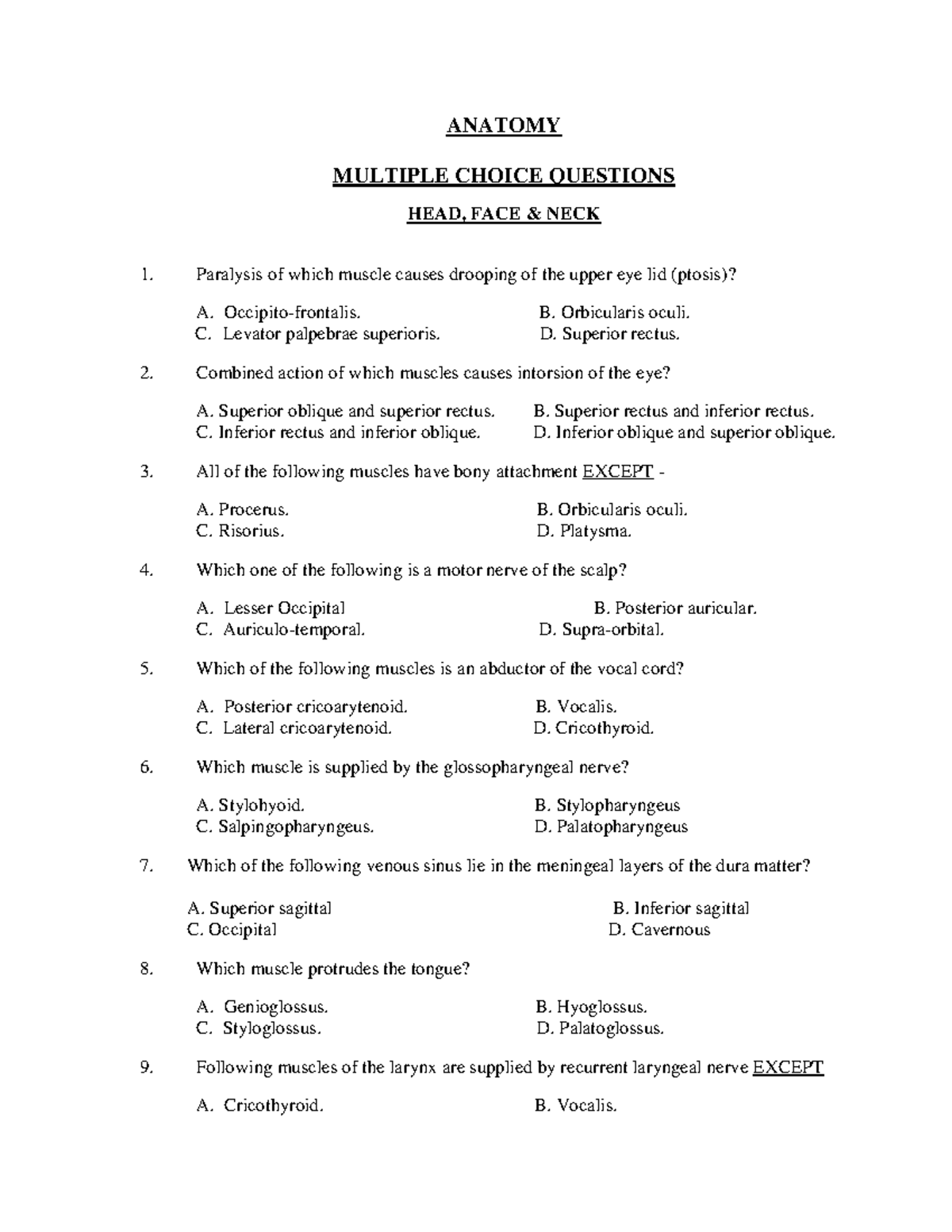 Anatomy MCQs HEAD AND NECK ANATOMY MULTIPLE CHOICE QUESTIONS HEAD