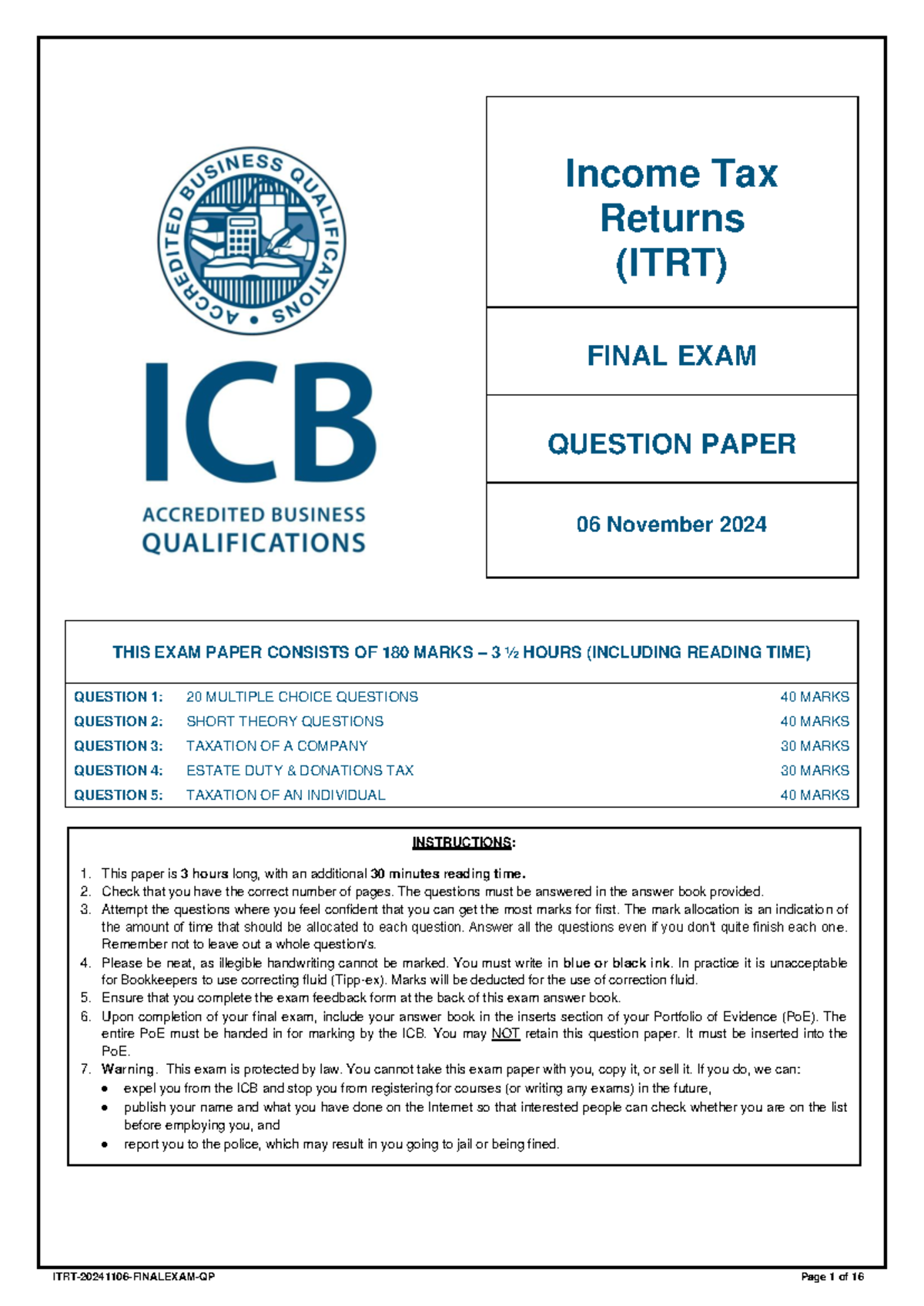 ITRT 2022 Finalexam QP - FYA - Income Tax Returns (ITRT) FINAL EXAM ...